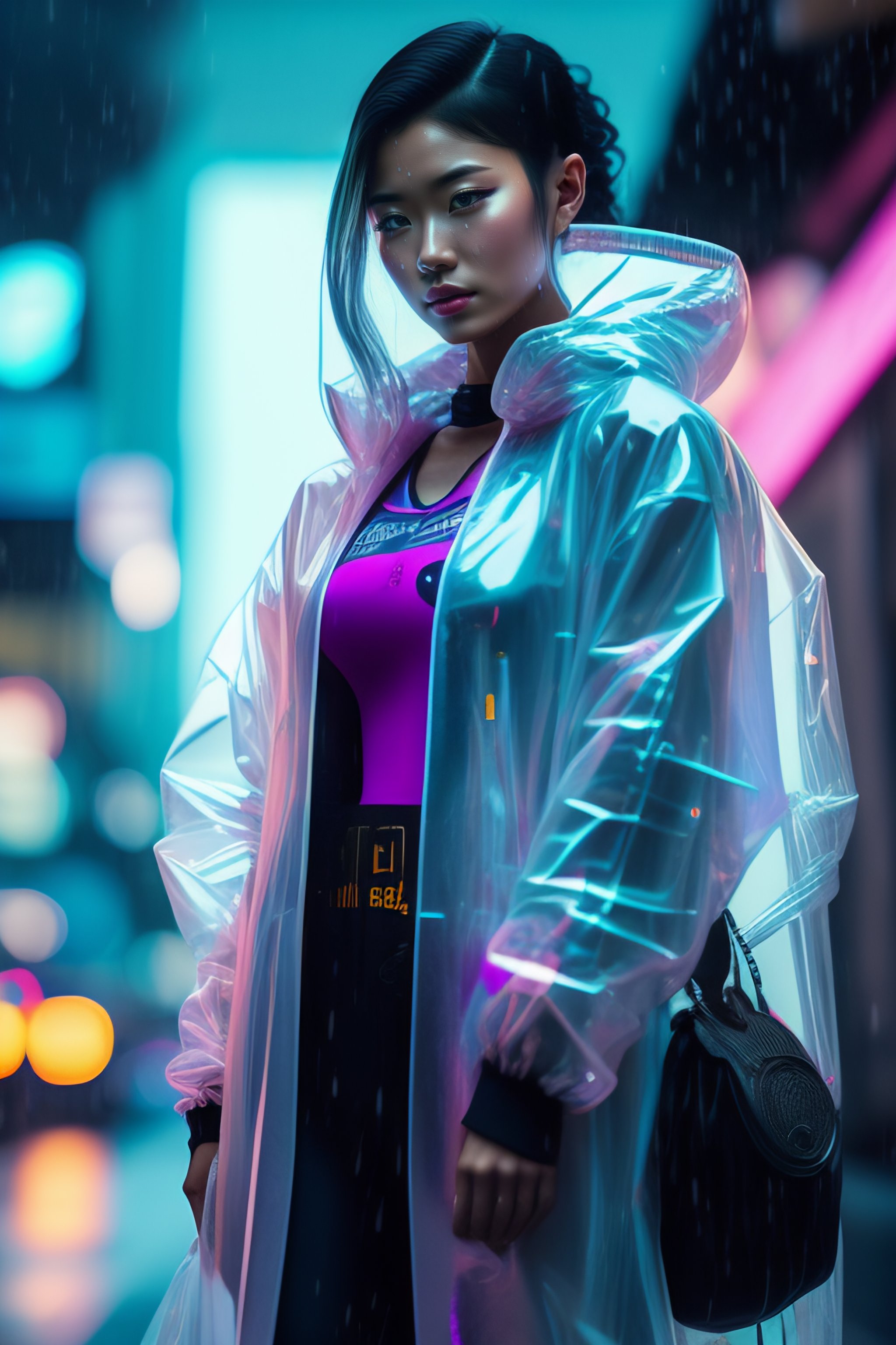 Lexica - Cyborg girl wearing transparent raincoat, cyborg parts, rainy ...