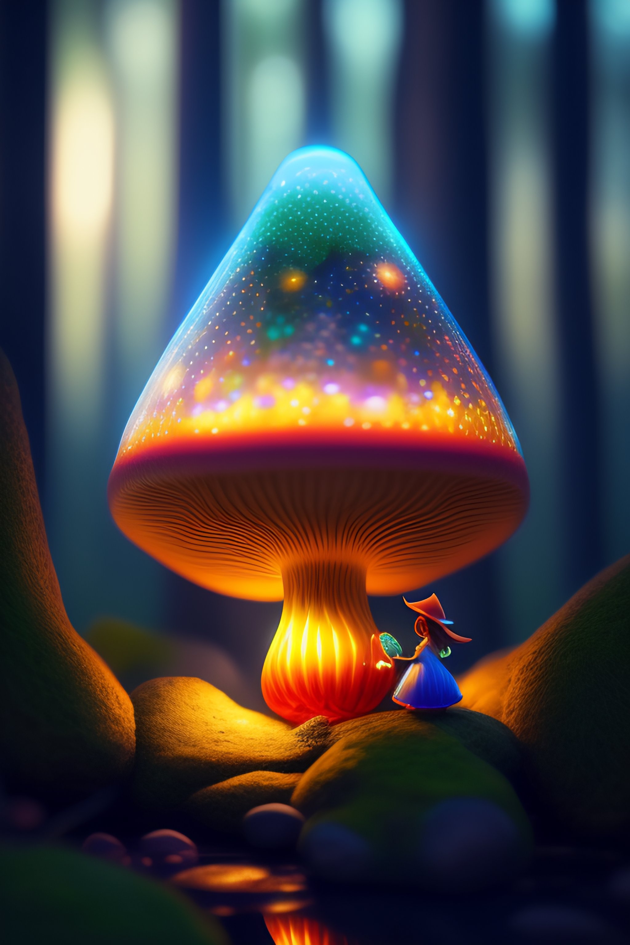 Lexica - Thumbelina next to a glowing toadstool at night in the forest, made by stanley artgerm ...