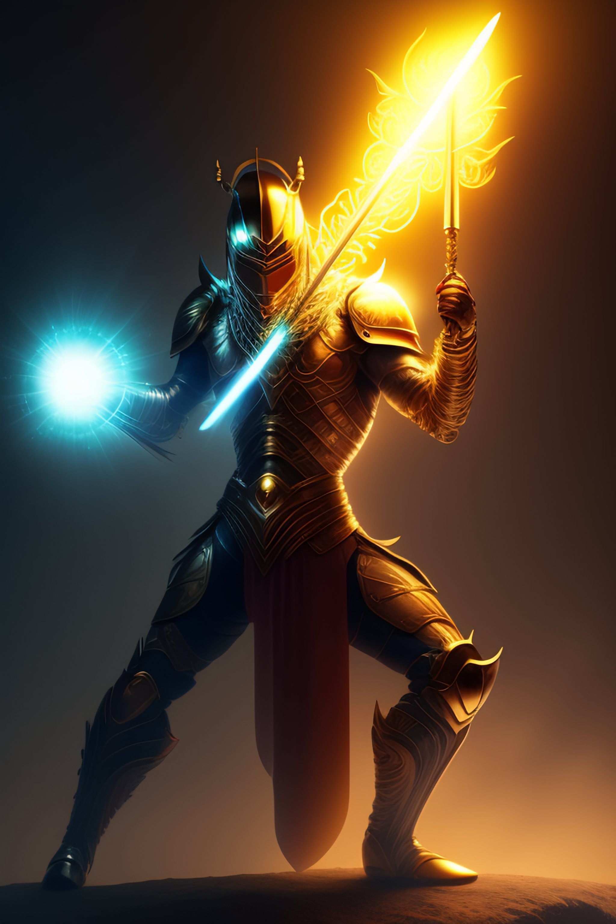 Lexica - Insect human wielding a spear made of light, with no arms