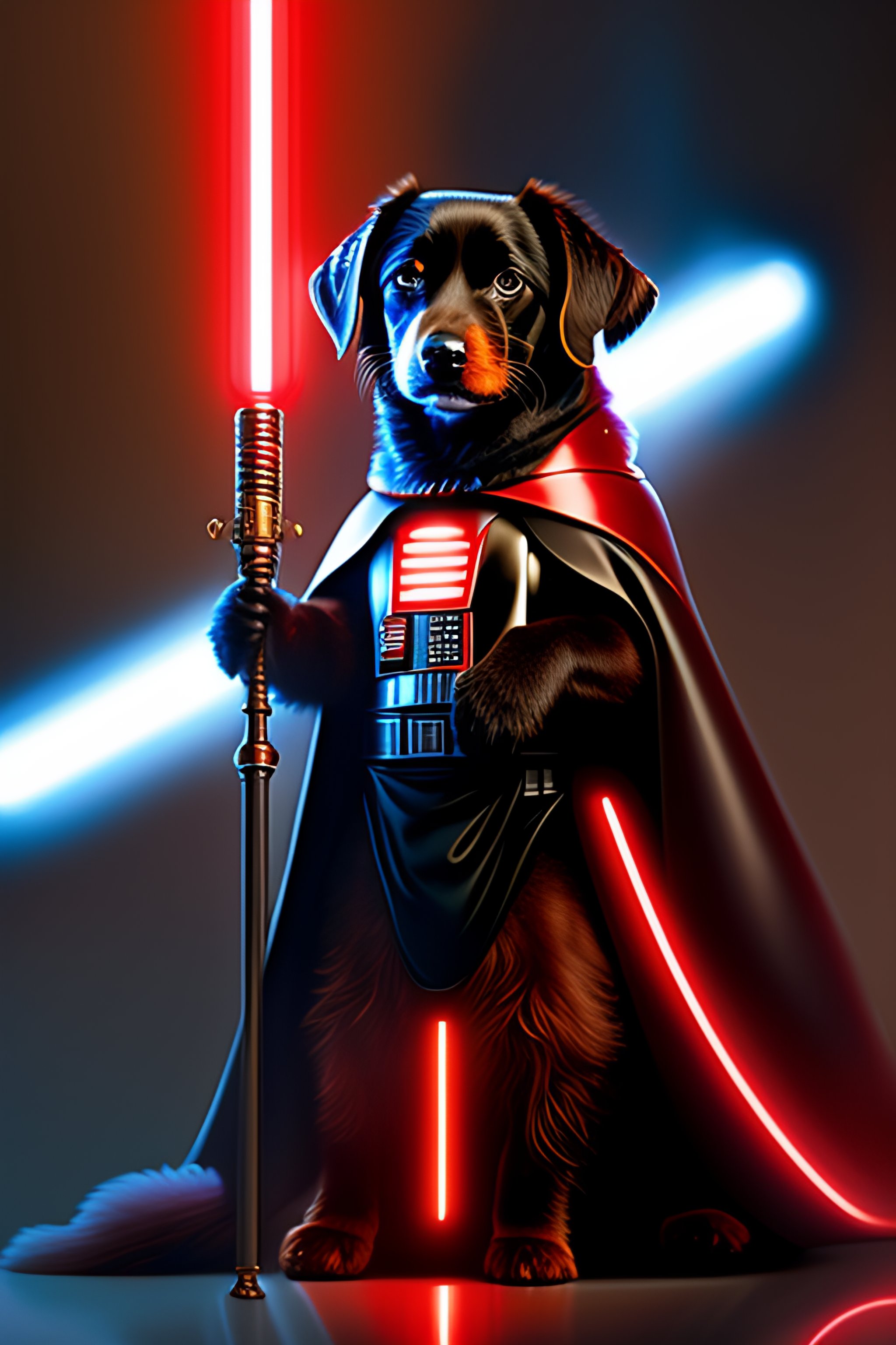 Lexica - Star Wars scene artificial intelligence a teckel dog wearing black sith knight cape ...