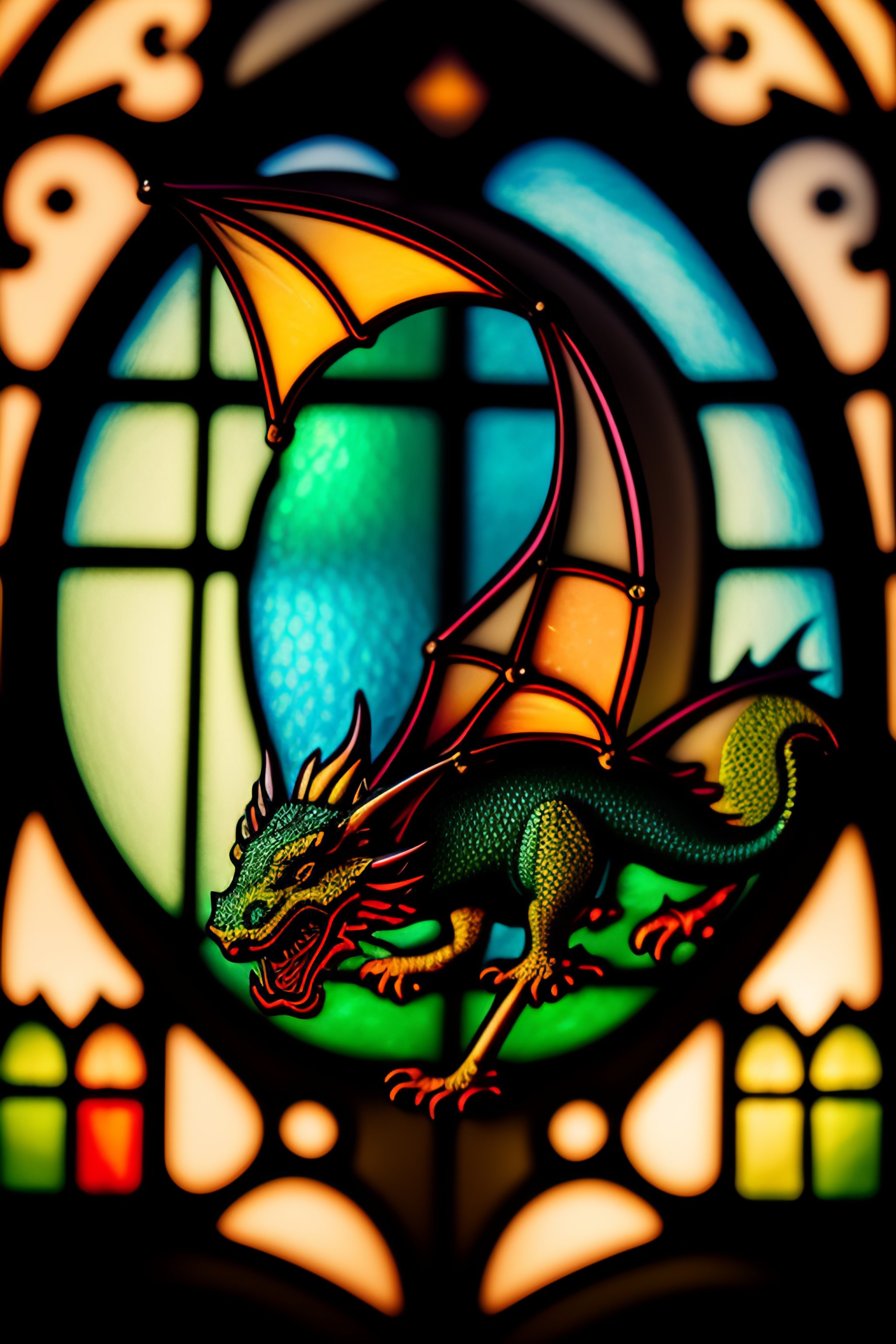 Lexica - A medieval dragon flying in a stained glass