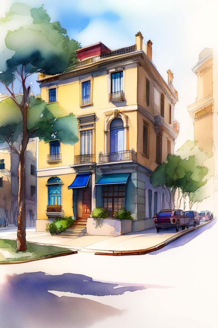 Lexica - A loose ink sketching with watercolors of a modern Athens ...