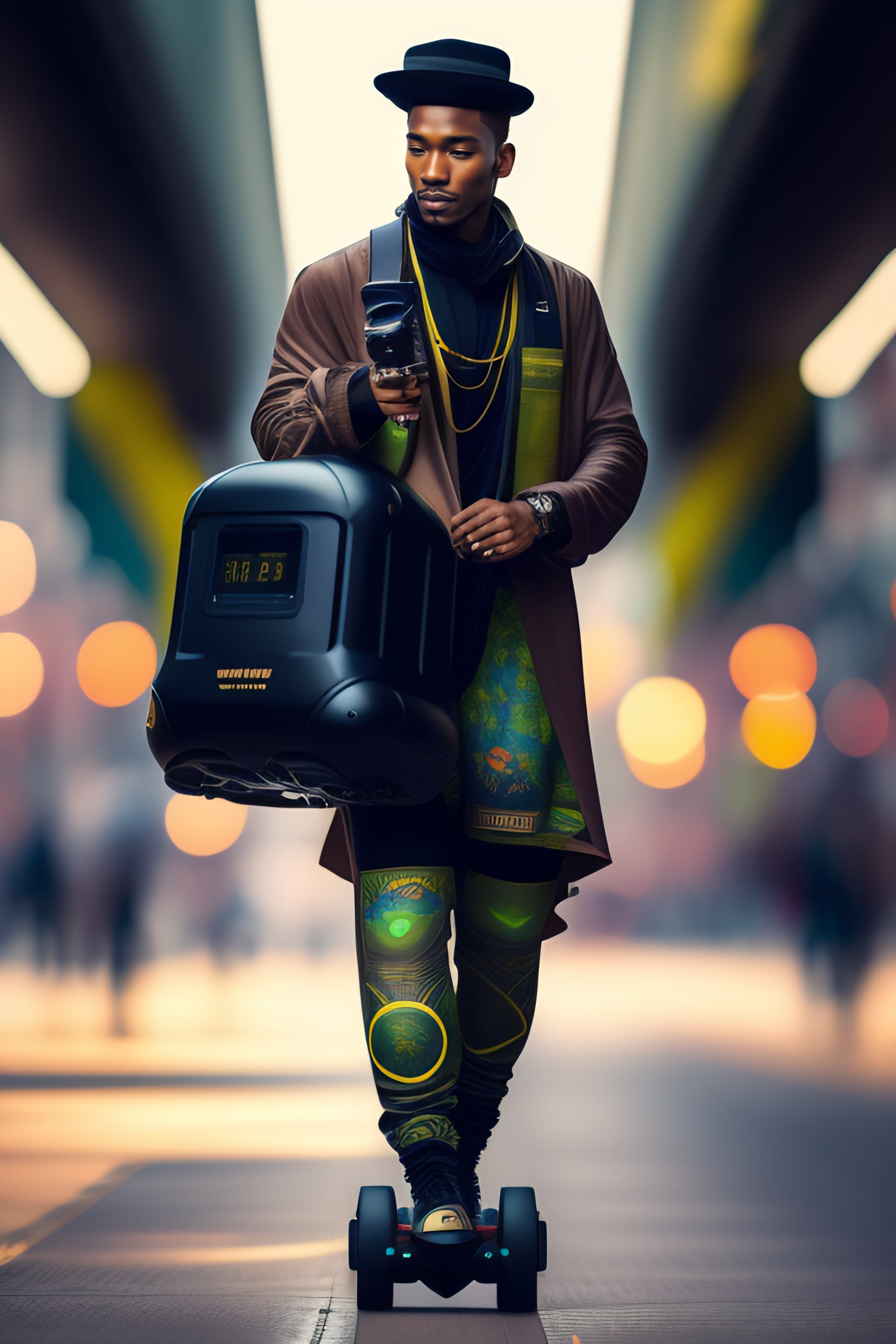 Lexica - Man dress in solarpunk attire commuting on a hoverboard with ...