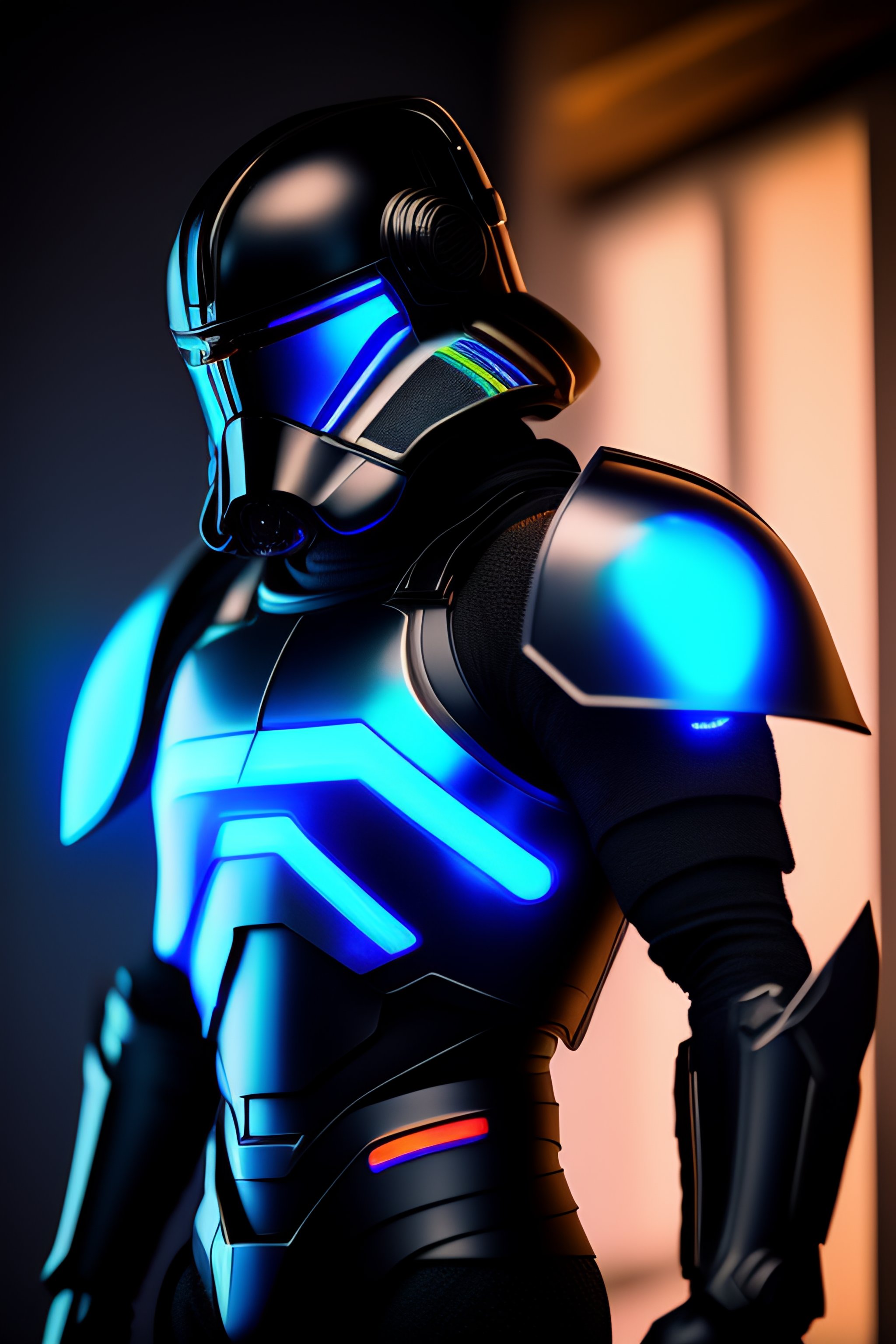 Lexica - A photograph of a cyberpunk armour made of black titanium and ...