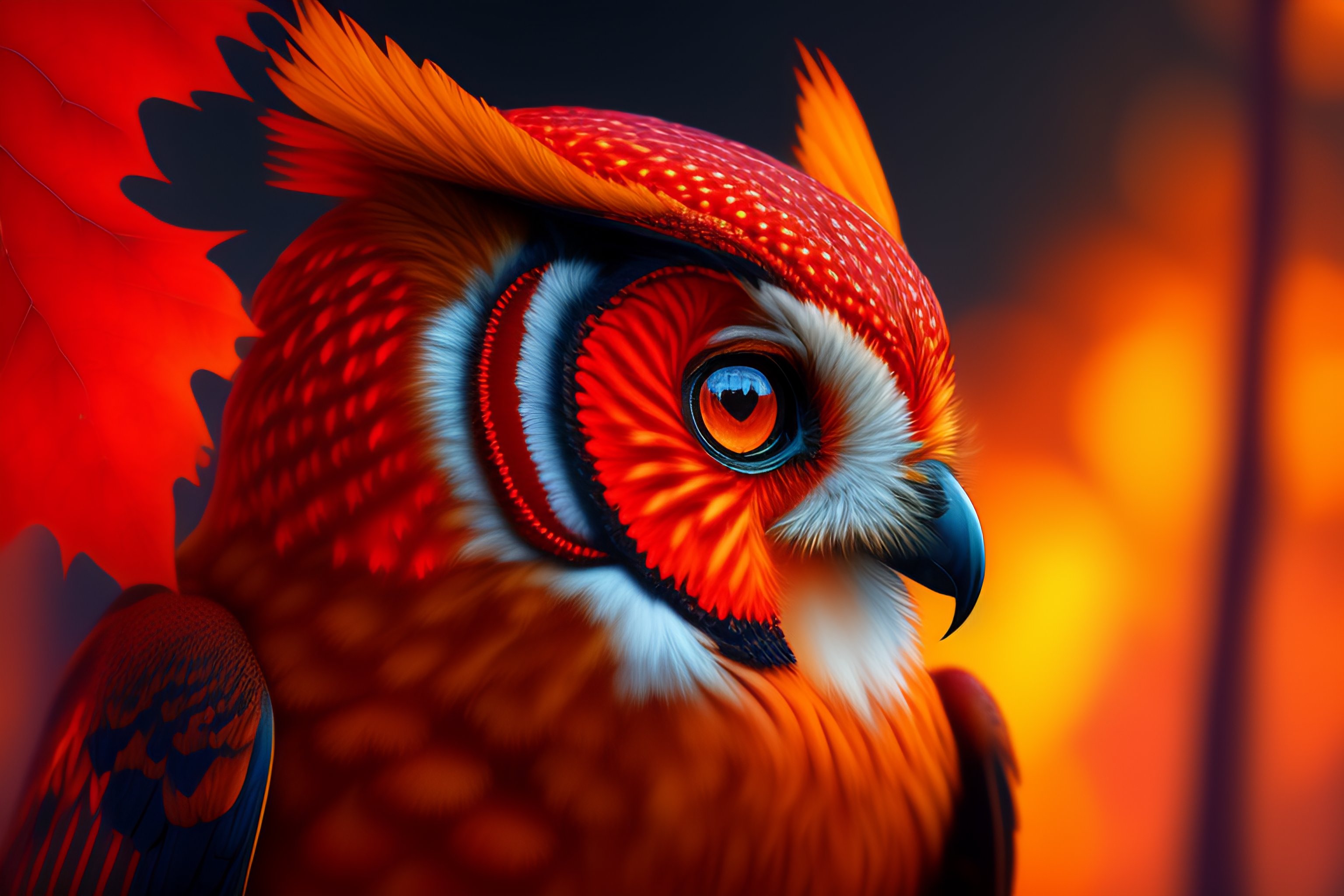 Lexica - Radiant red owl, front view, glowing amber, autumn colours ...