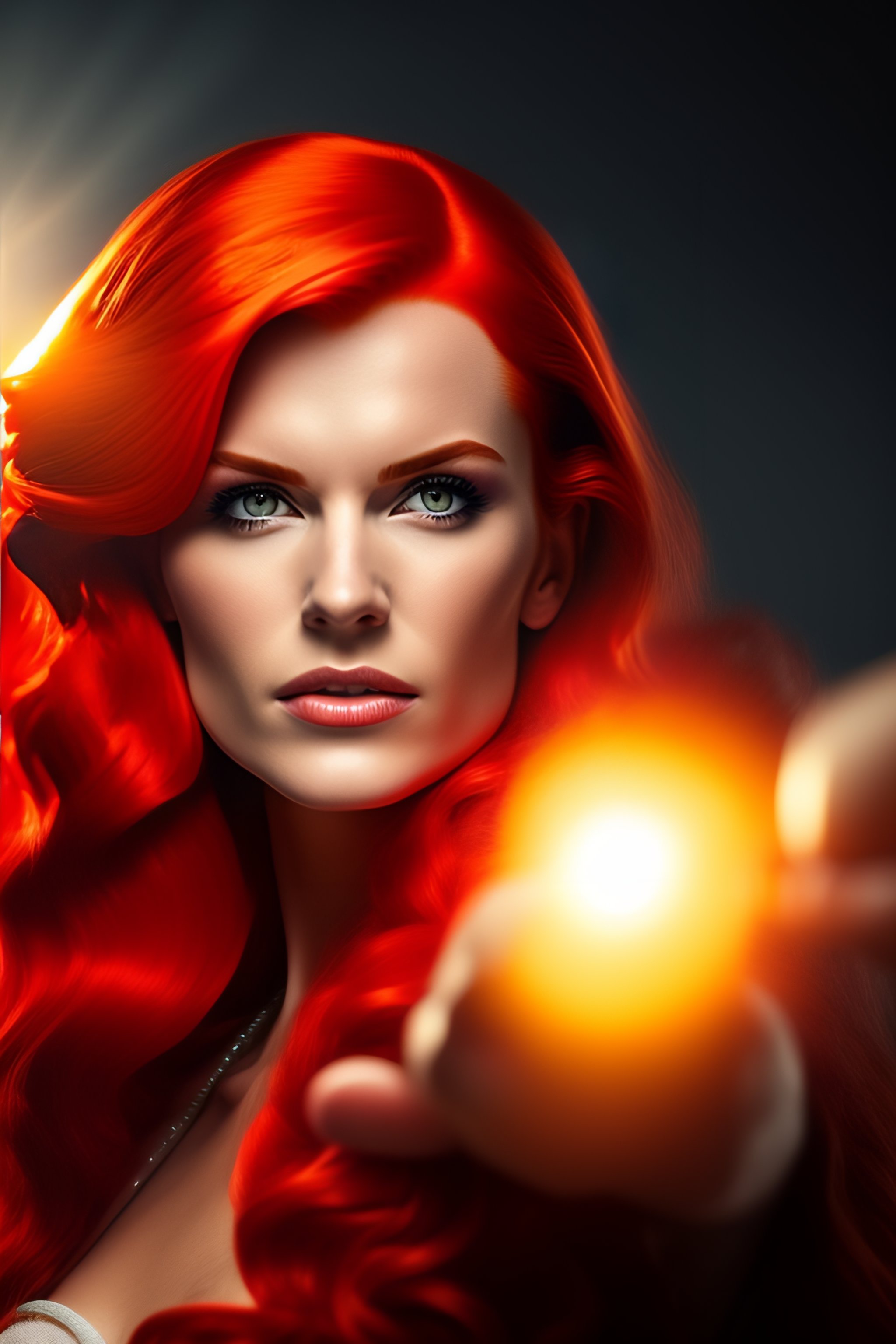 Lexica - Red-hair lady throws a flash of bright light against the enemy