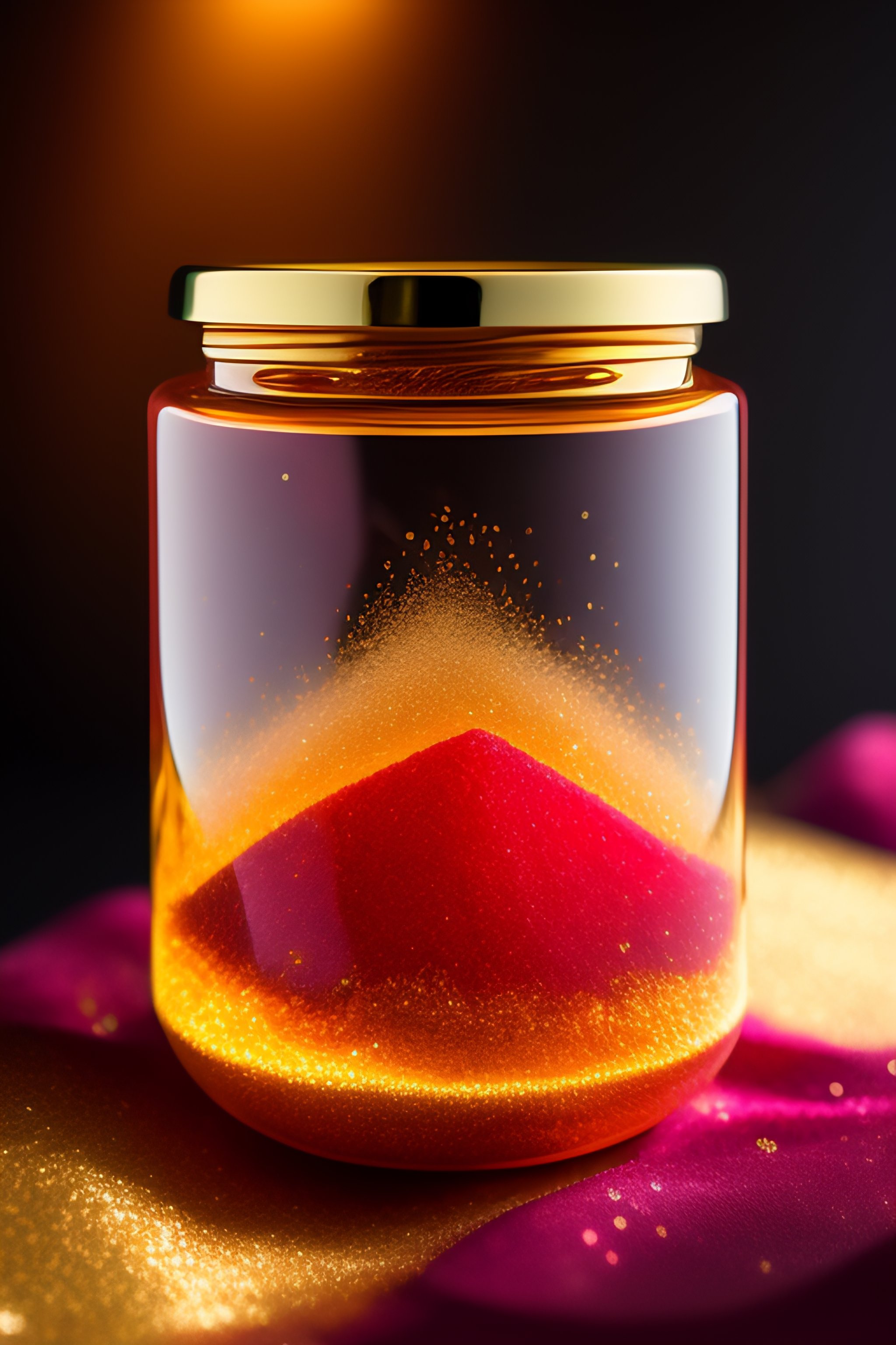 Lexica - Ruby gemstones and gold flakes in a jar
