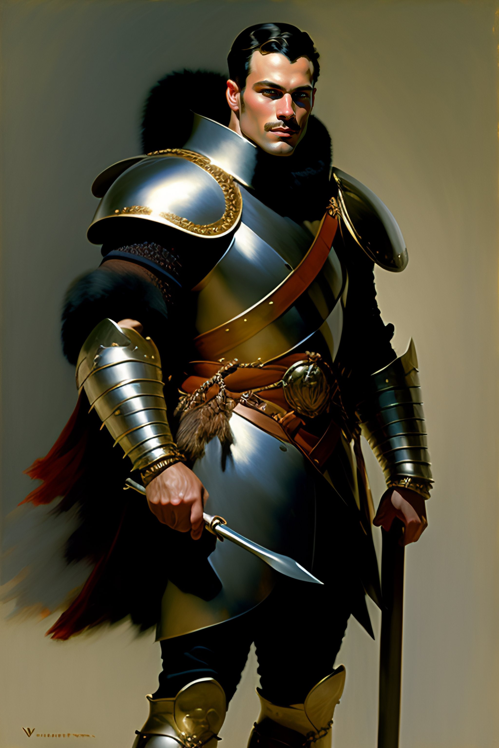 Lexica - Action shot of a man in dark grey banded mail armor, fur armor ...