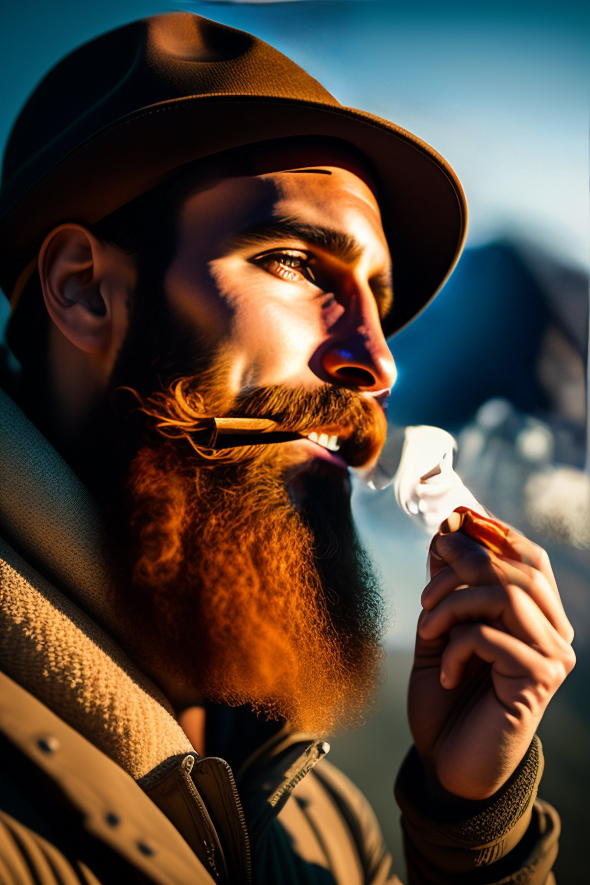 Lexica - Guy with a beard smoking cuban cigaretes on the mountain
