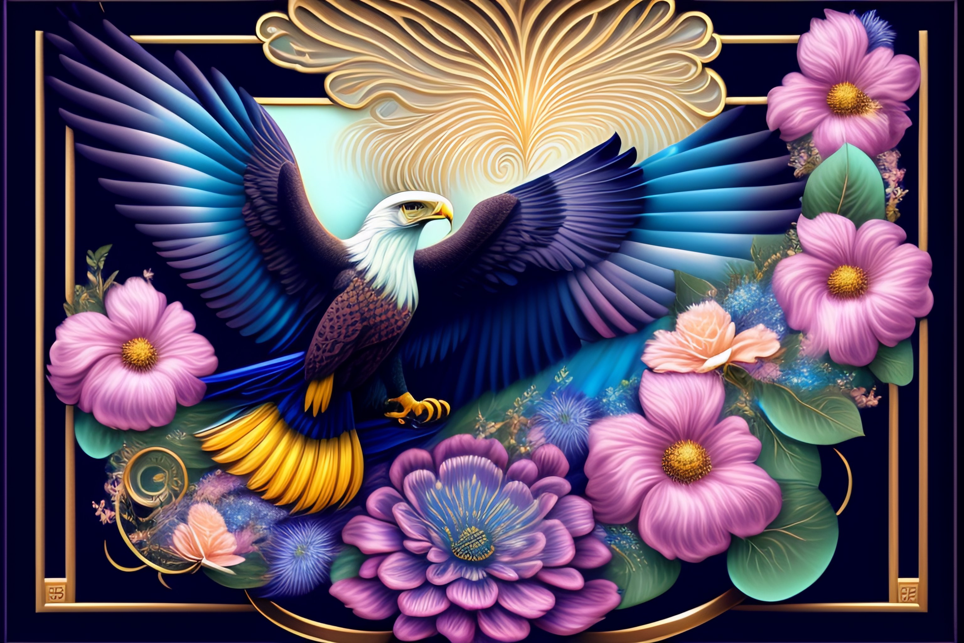 Lexica - Overwhelmingly beautiful eagle framed with vector flowers ...