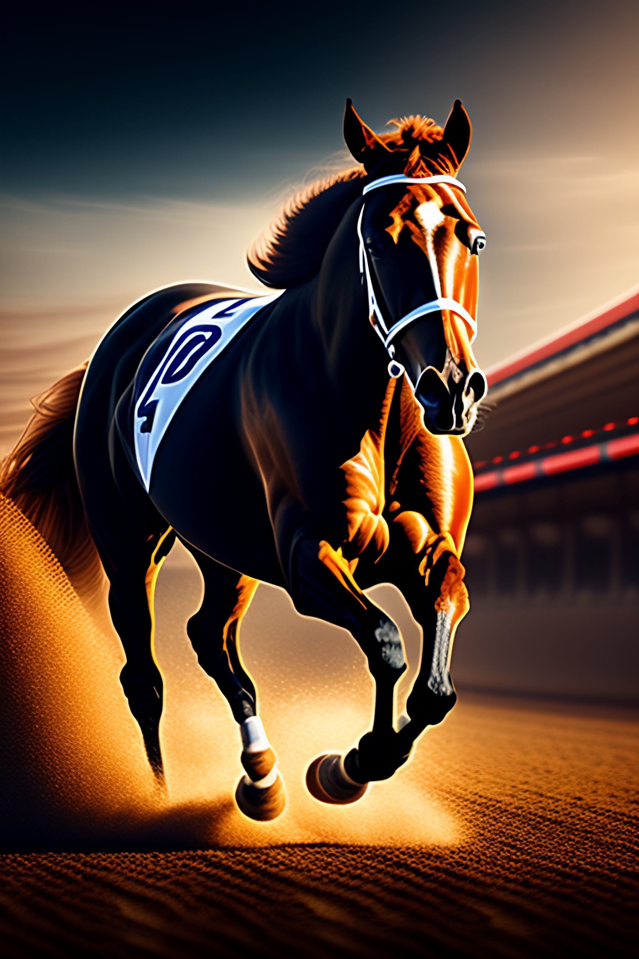 Lexica - Thoroughbed race horse running on a racetrack with a jockey ...