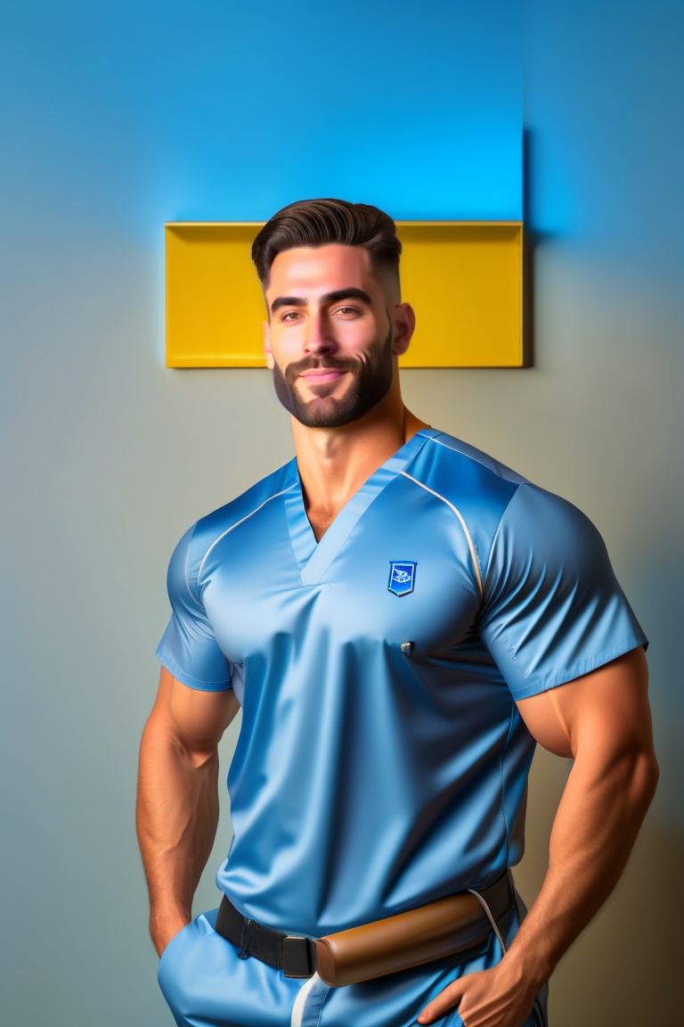 Lexica - A male doctor with an athletic physique, donning blue scrubs ...