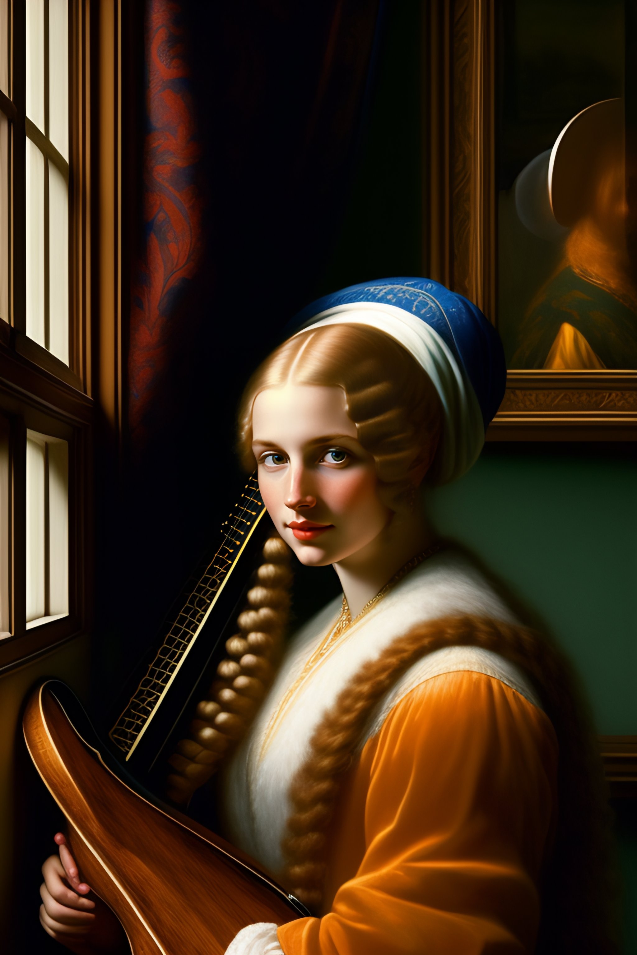 Lexica - Young lady playing lute, blond hair, window on her right ...