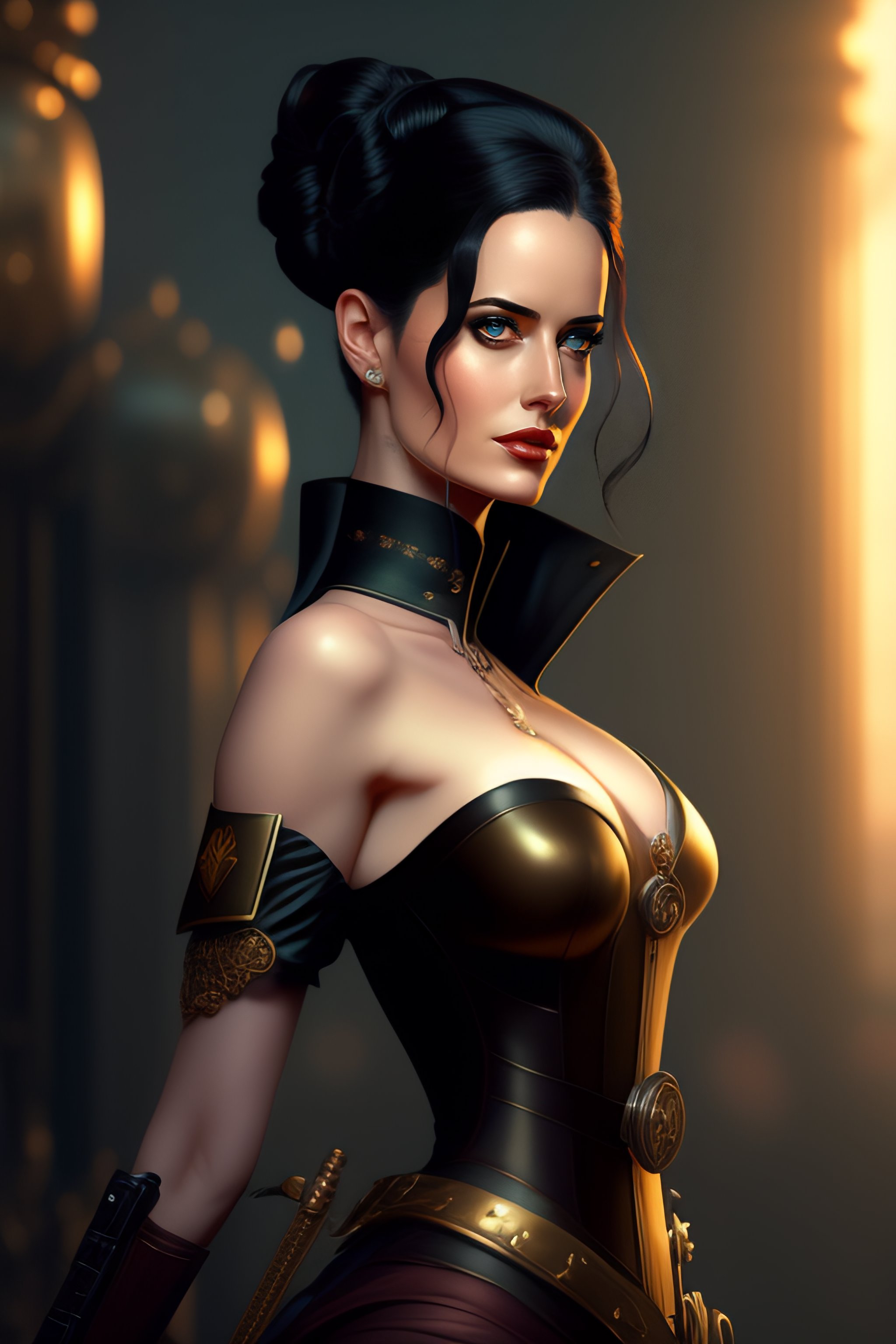 Lexica - Eva green with steampunk weapons and uniform, holding a gun , serious, side view zoomed ...