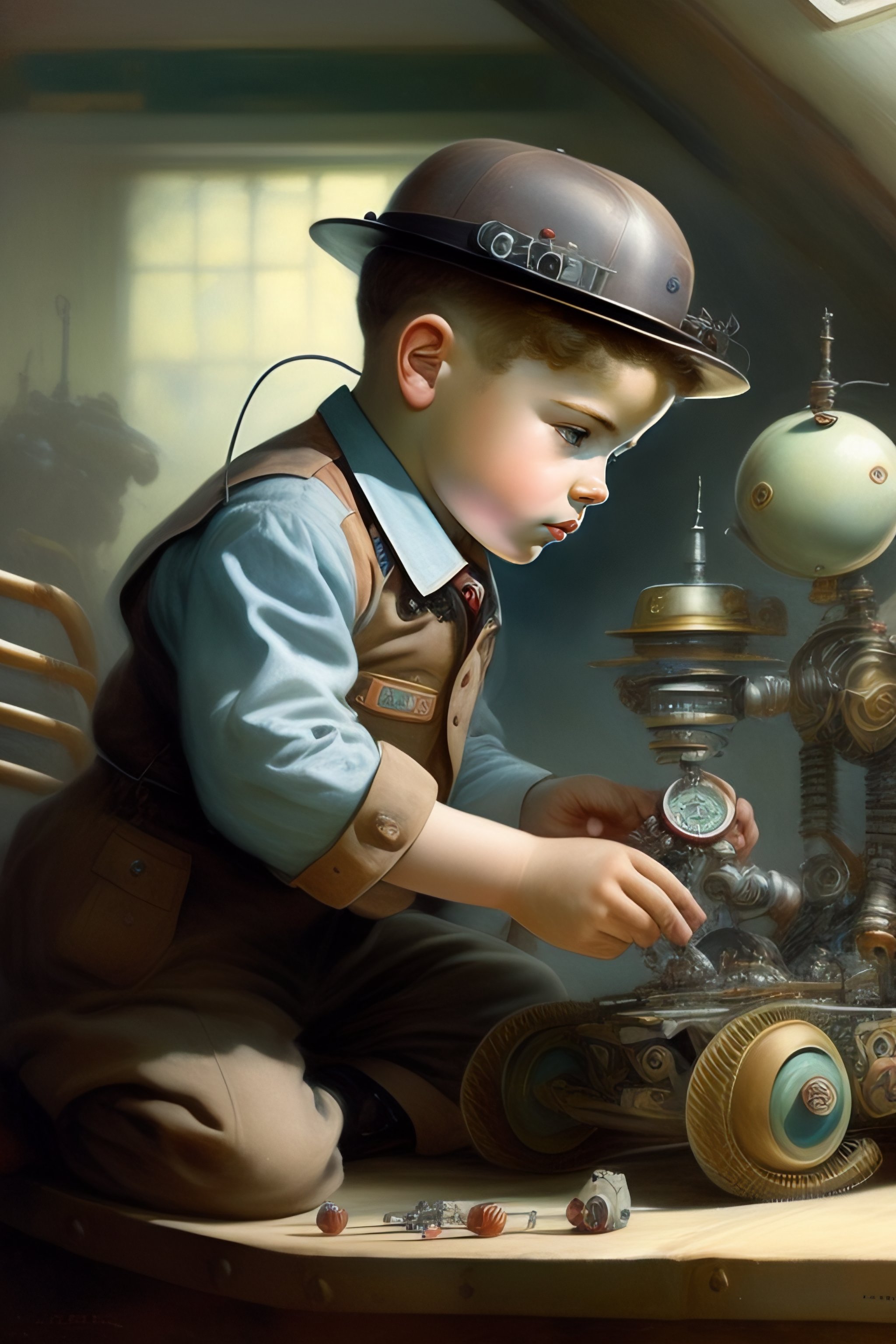 Lexica - ( ( ( ( ( 1 9 5 0 s a boy working on his robot. muted colors ...