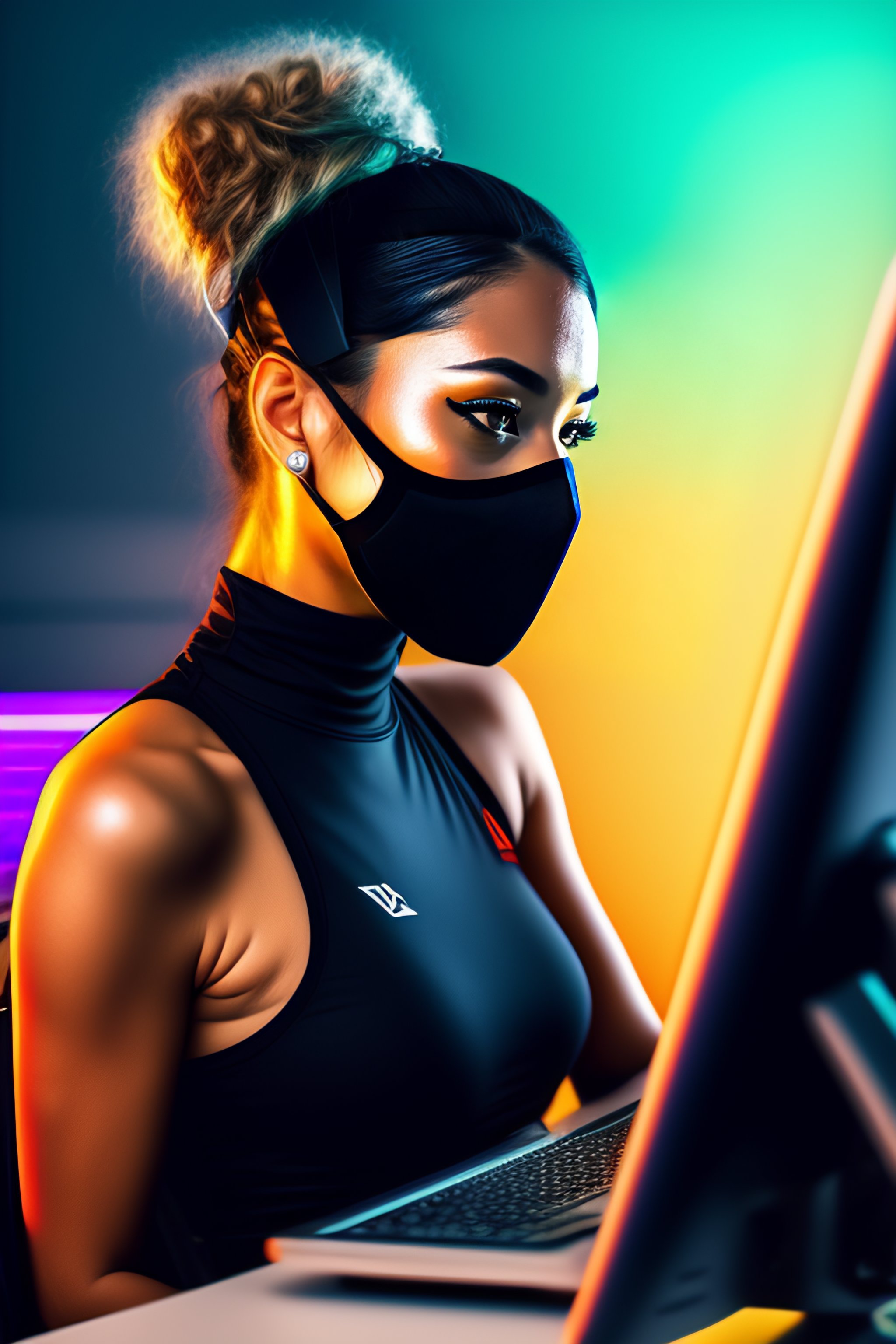 Lexica - Generate an image of a female hacker in a tanktop and mask at ...