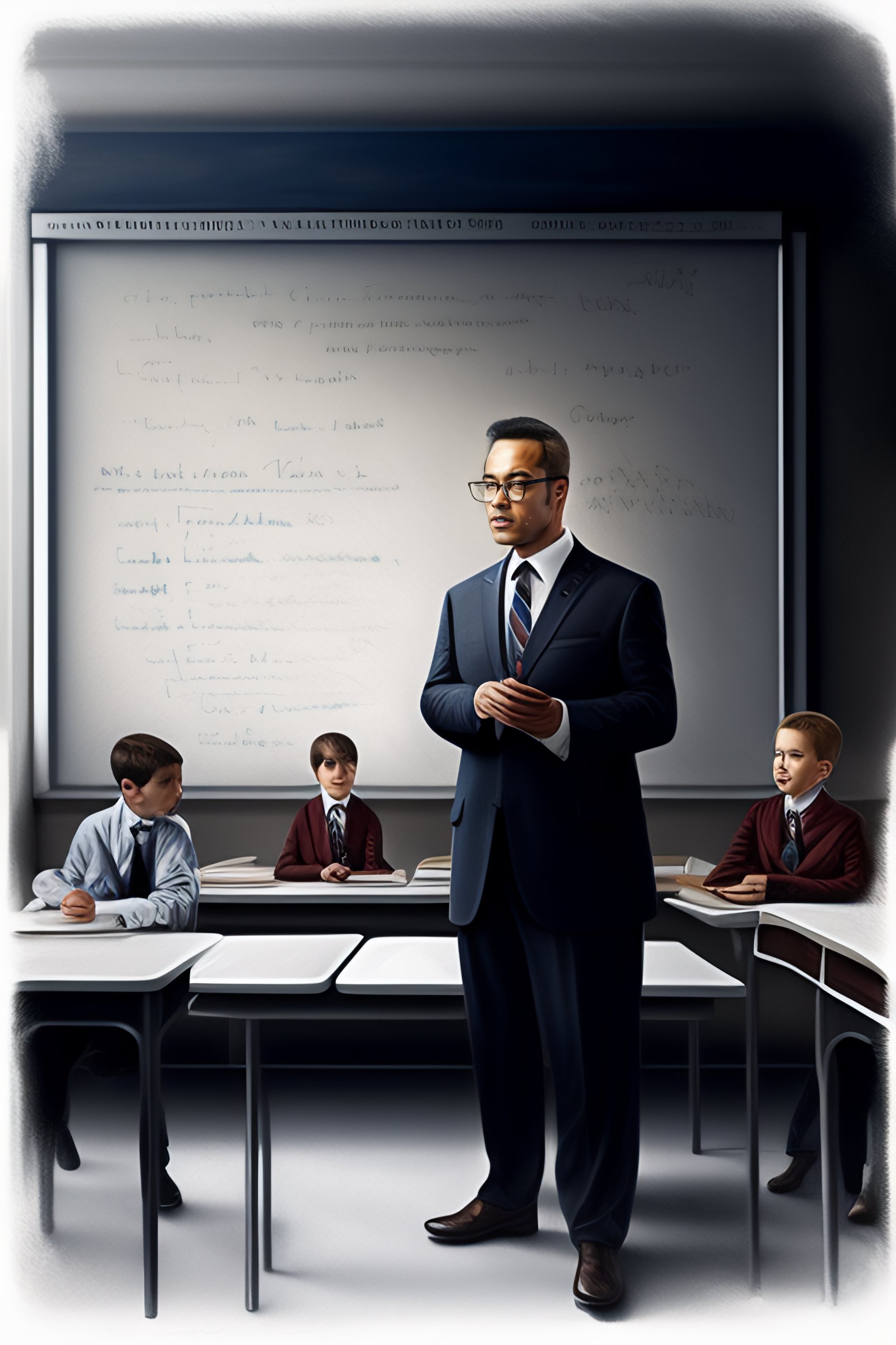 Lexica - Realistic sketch of a frustrated teacher in front of his classroom