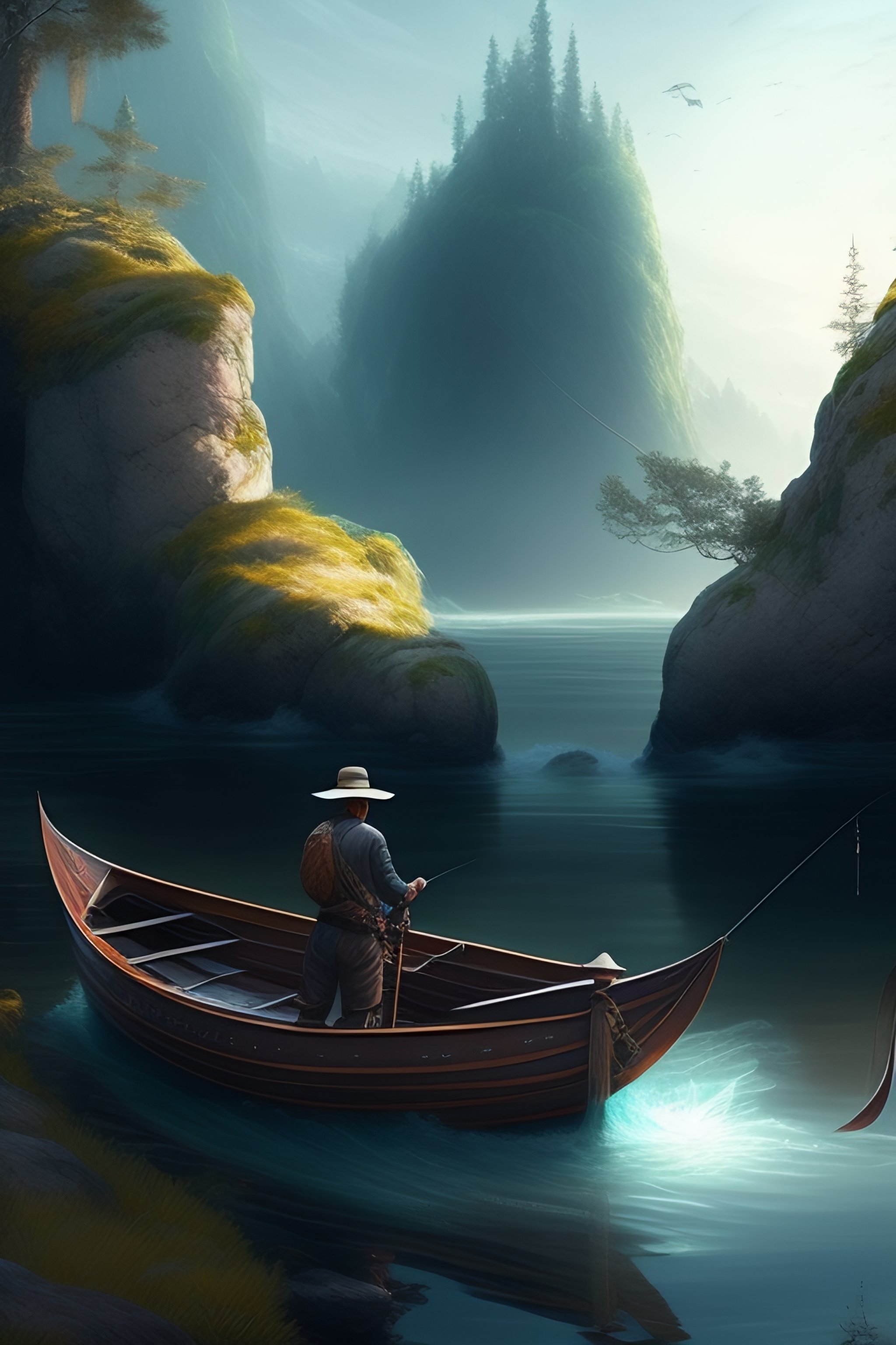 Lexica - 2 friends with fishing rods in a boat fishing in a hidden ...