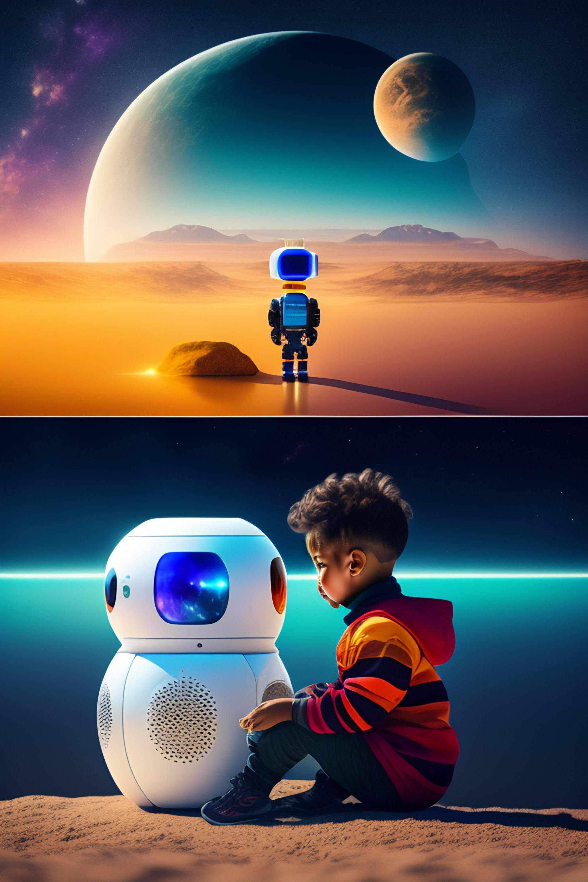 Lexica - Create an image of a human being and a child robot talking on ...