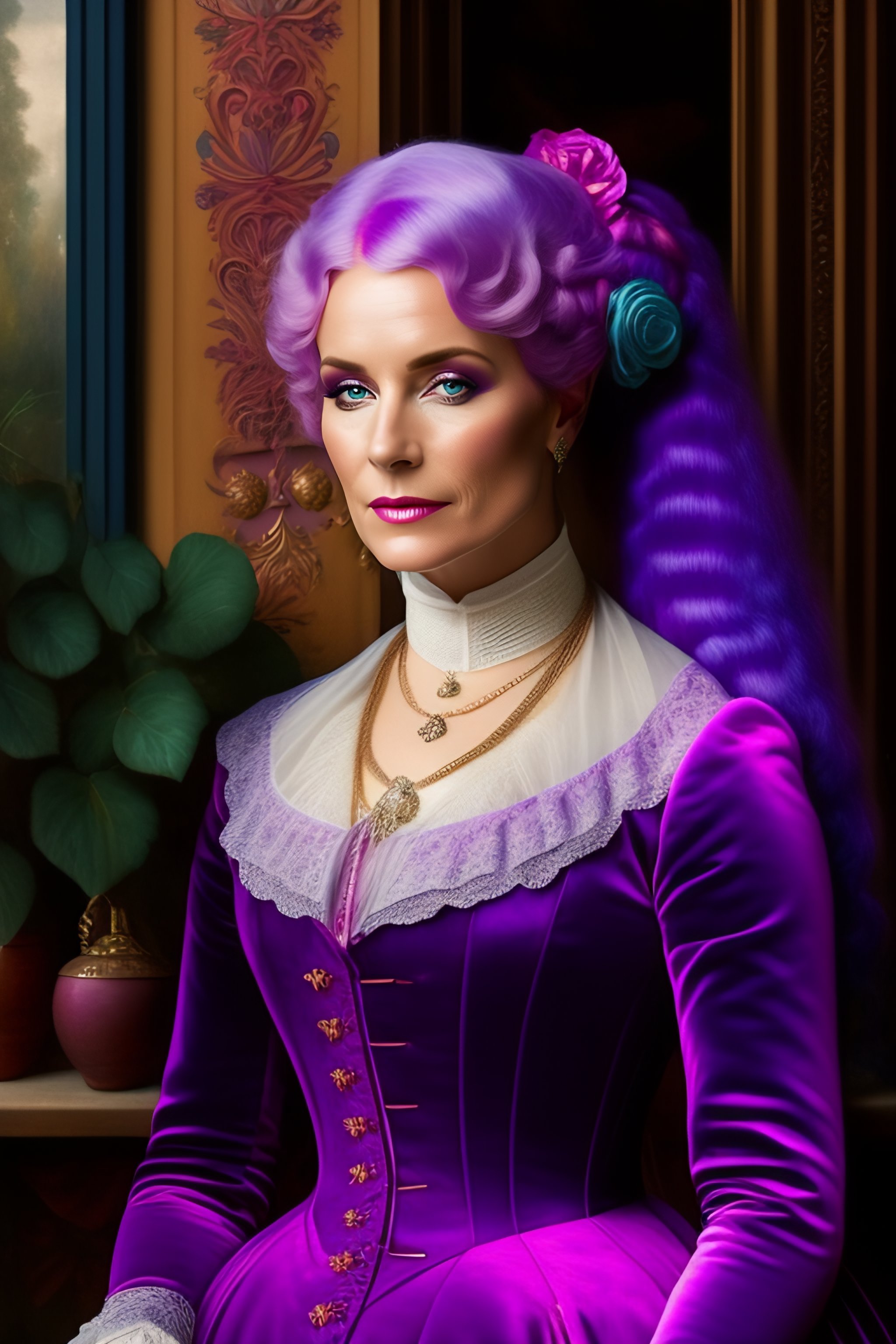 Lexica - Portrait of a middle aged beautiful women with pink and blue ...