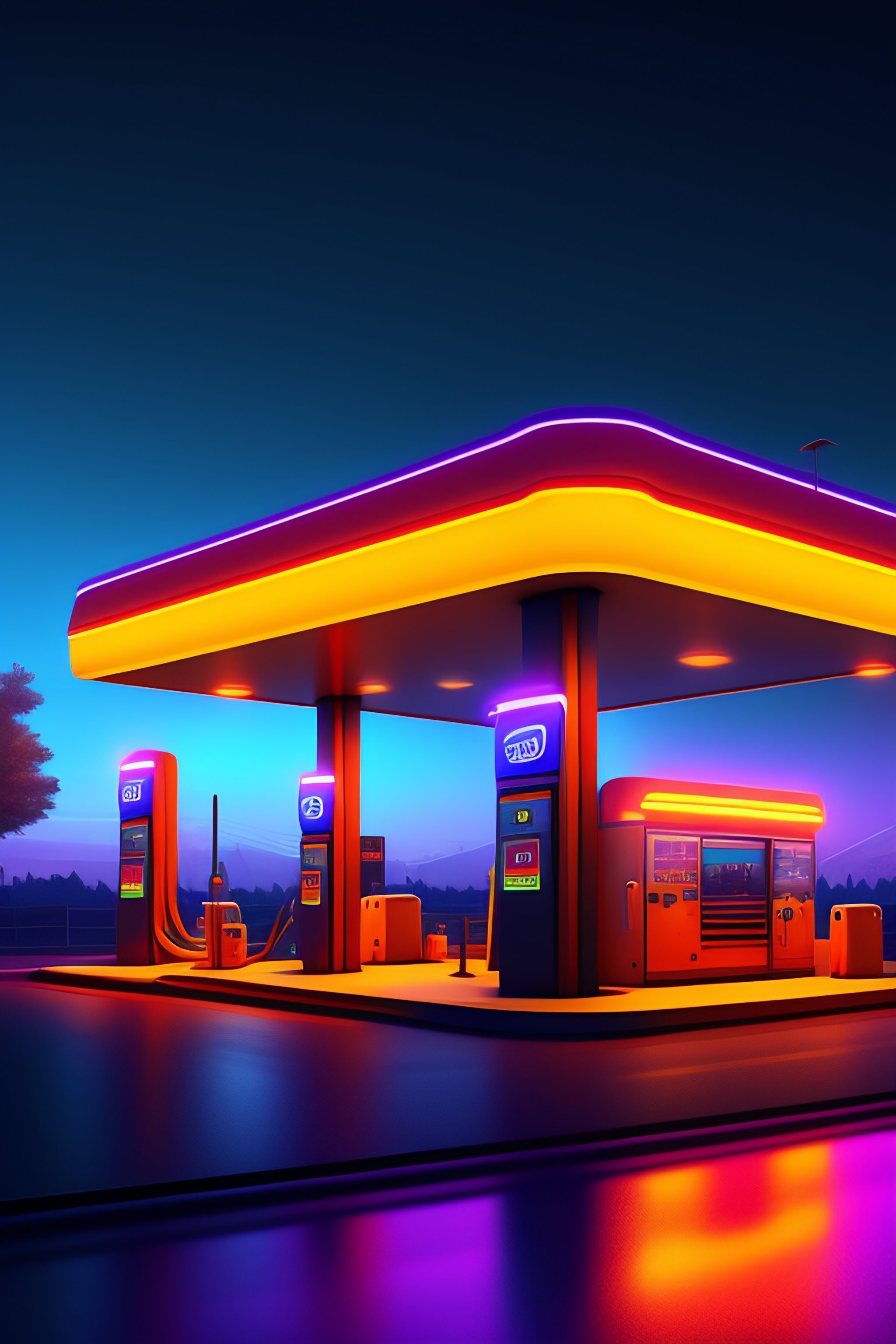 Lexica - Landscape of a nocturne cyberpunk gas station with neon light ...