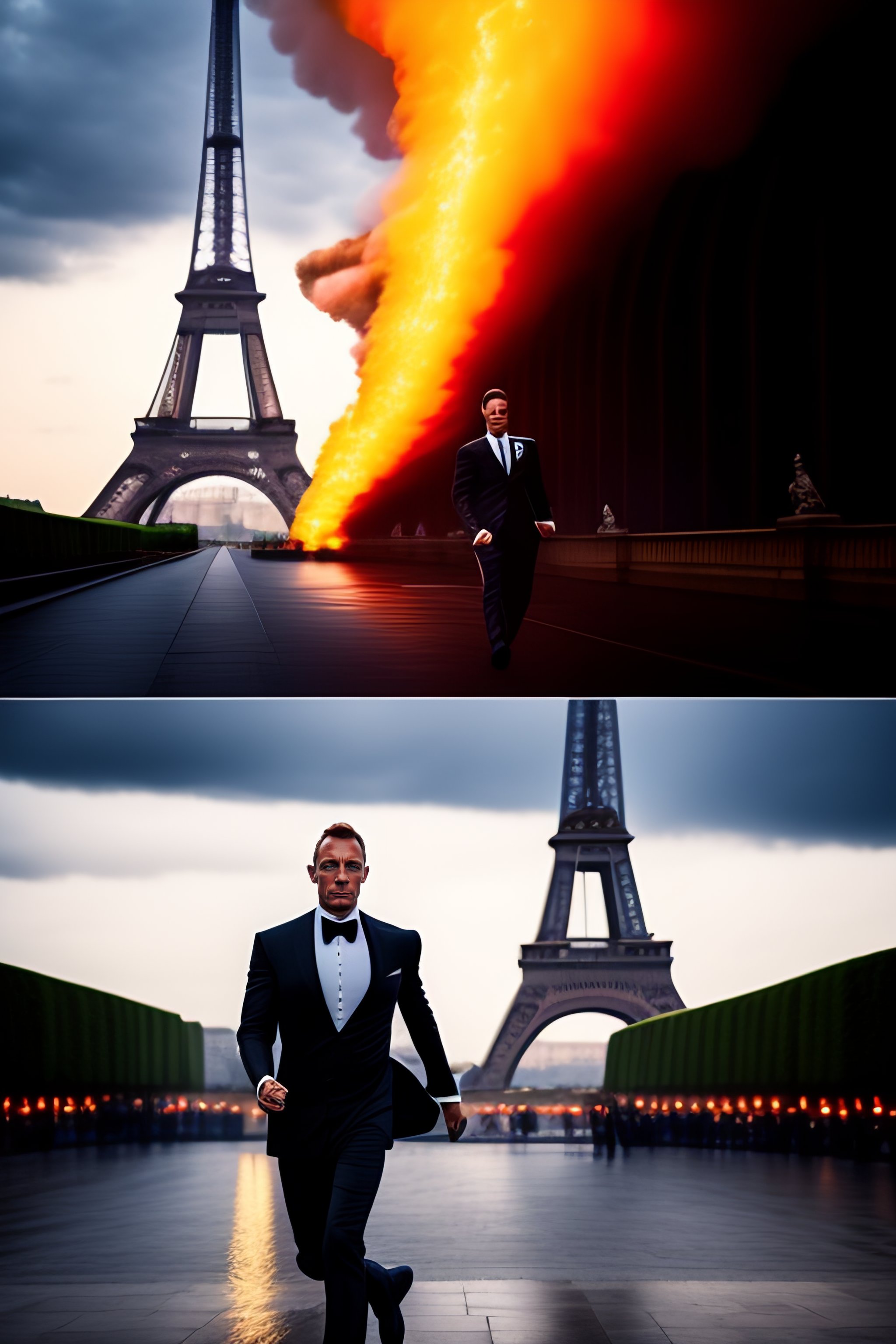 Lexica - James Bond, Daniel Craig running away from exploding Eiffel tower toward the camera ...