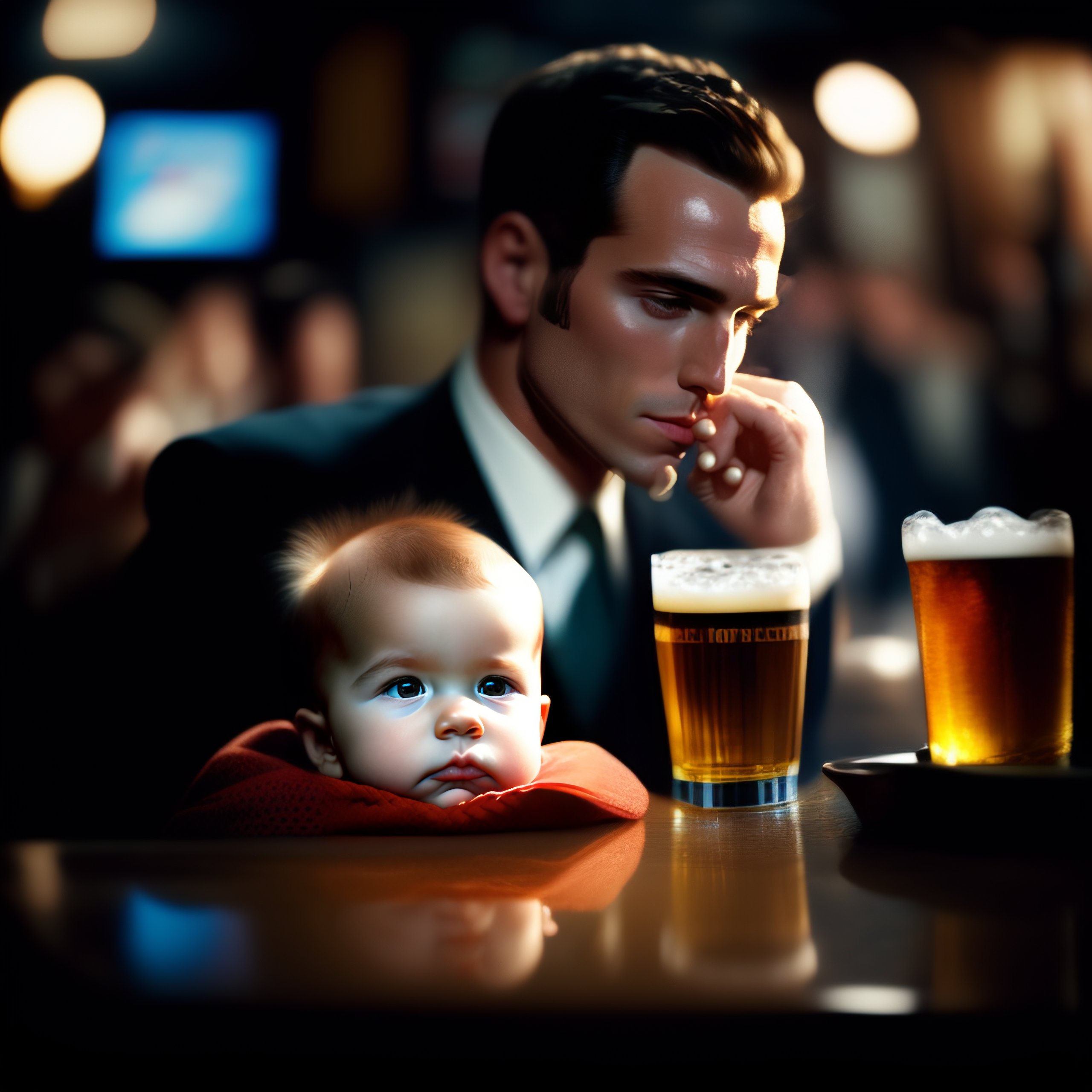 Lexica - Exhausted baby in suit drinking a beer and having a cigarette ...