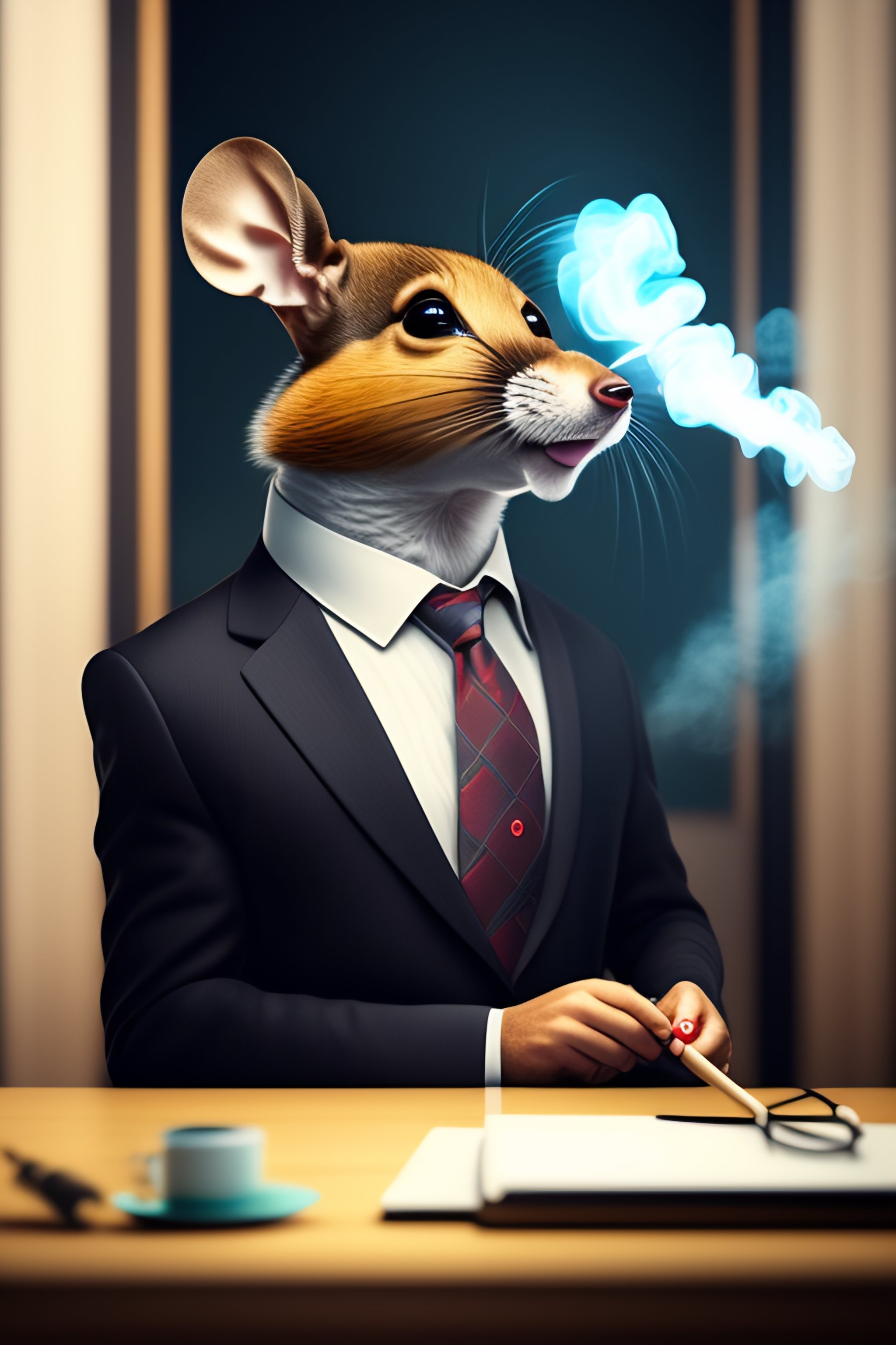 Lexica - Anthropomorphic businessman mouse smoking in the office