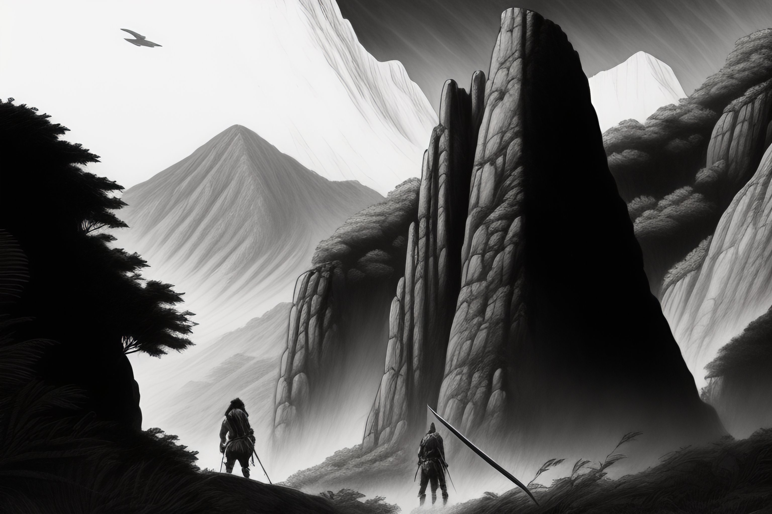 Lexica - Landscape drawing of a lean caveman with a spear standing in ...