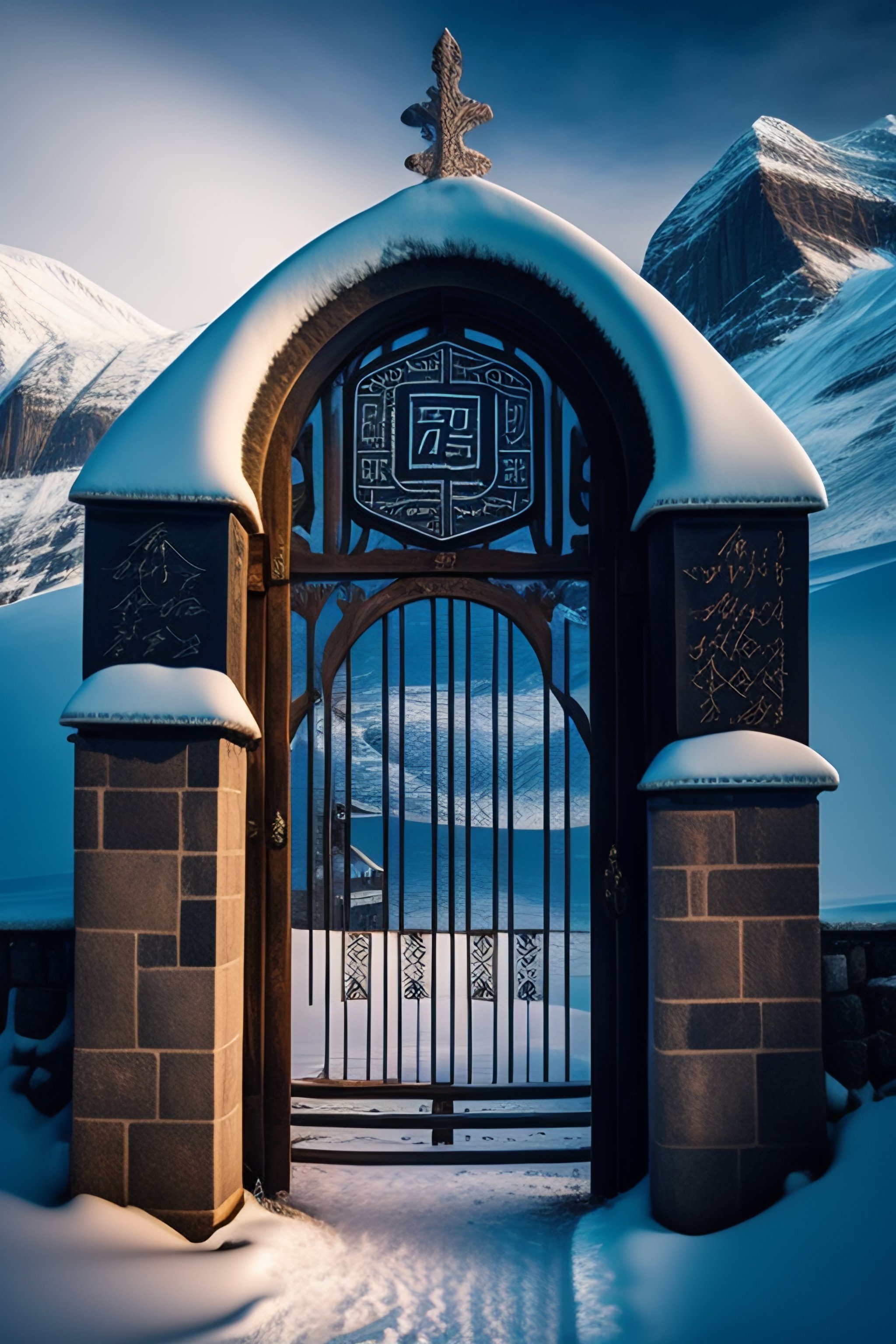 Lexica - Big frozen medieval gate with runic scriptures in the mountain