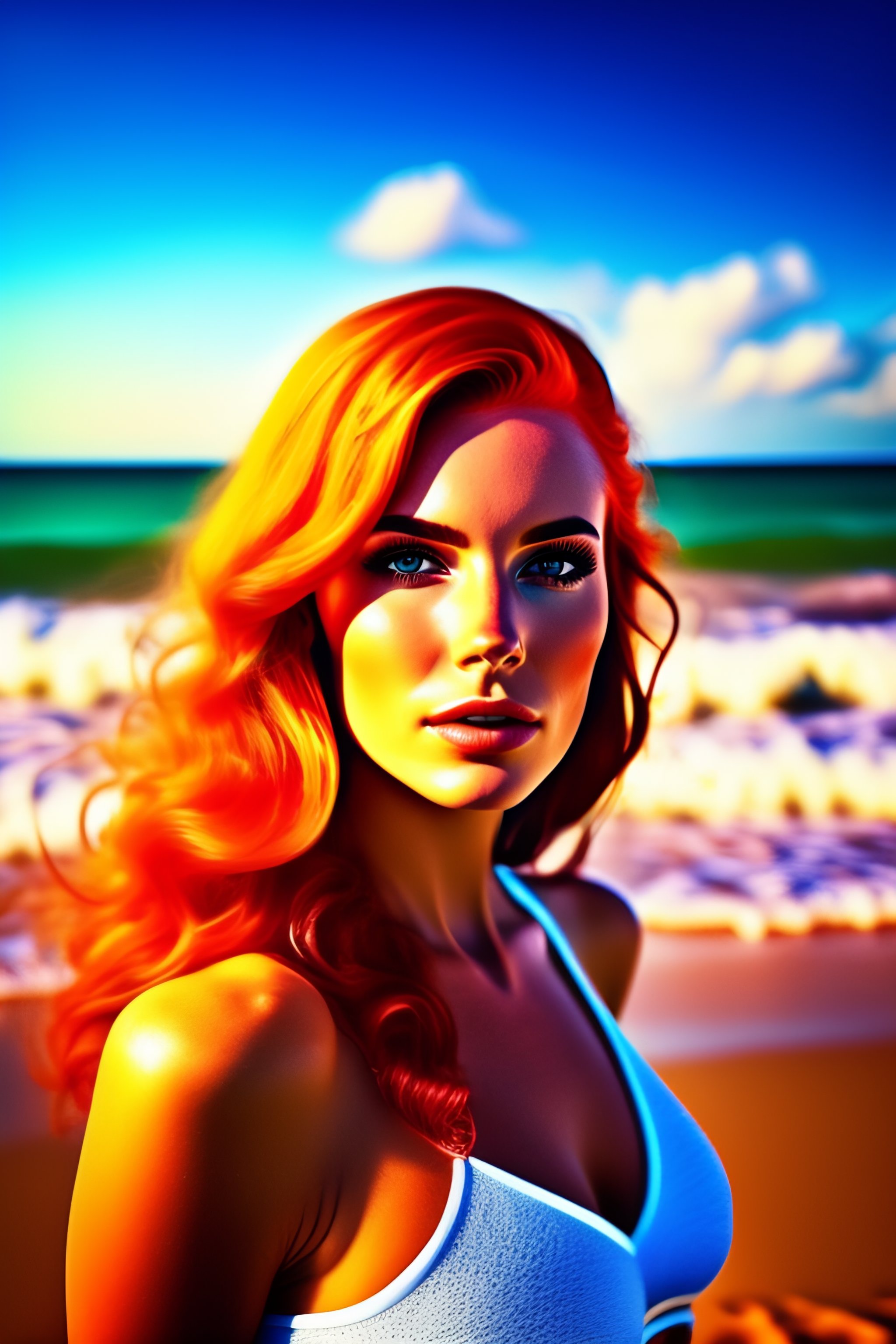 Lexica - Girl, beauty, freakless, sky, redhead, beach, summer, coktail
