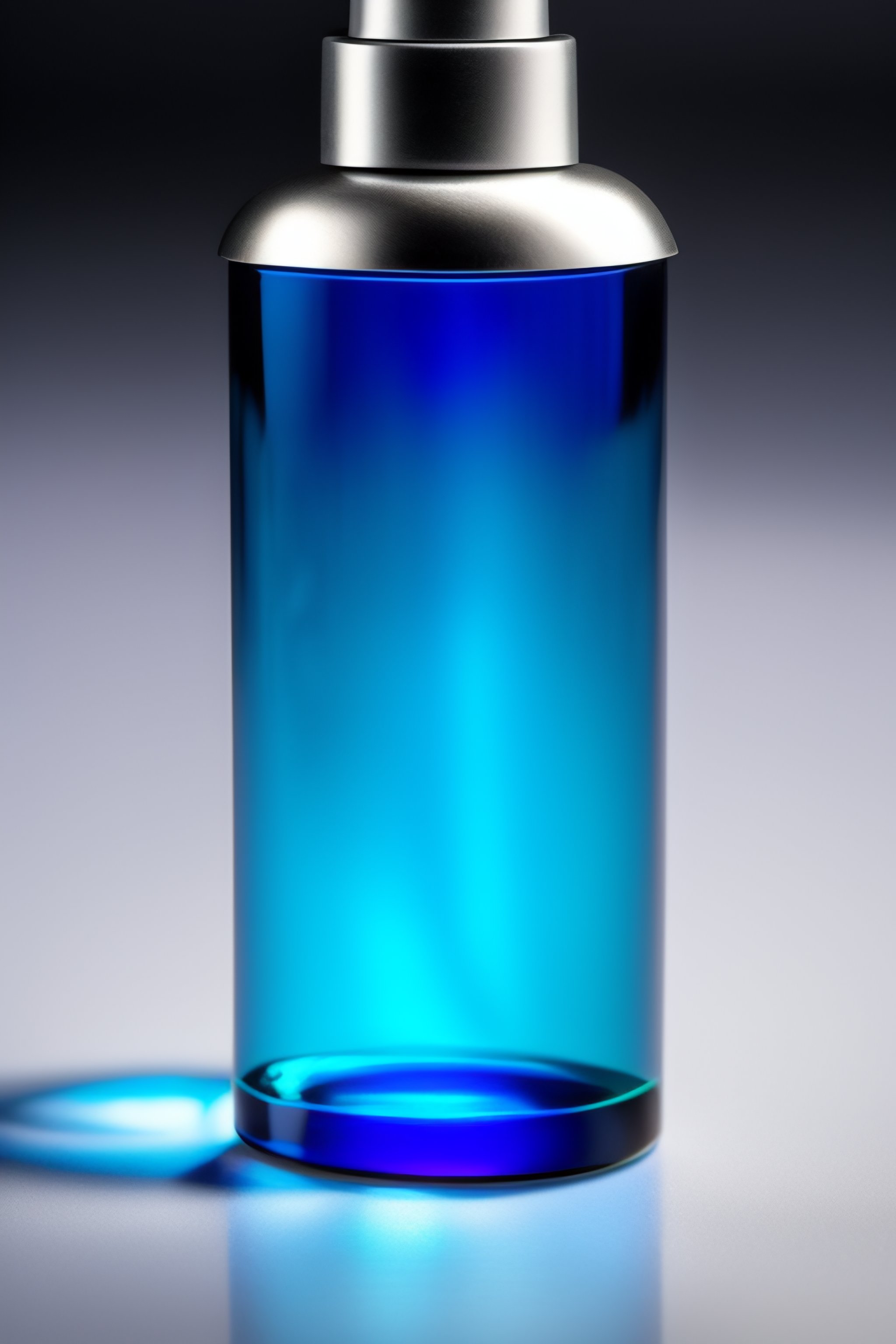 Lexica - Translucent blue medicine bottle with silver label saying "EVOMED"