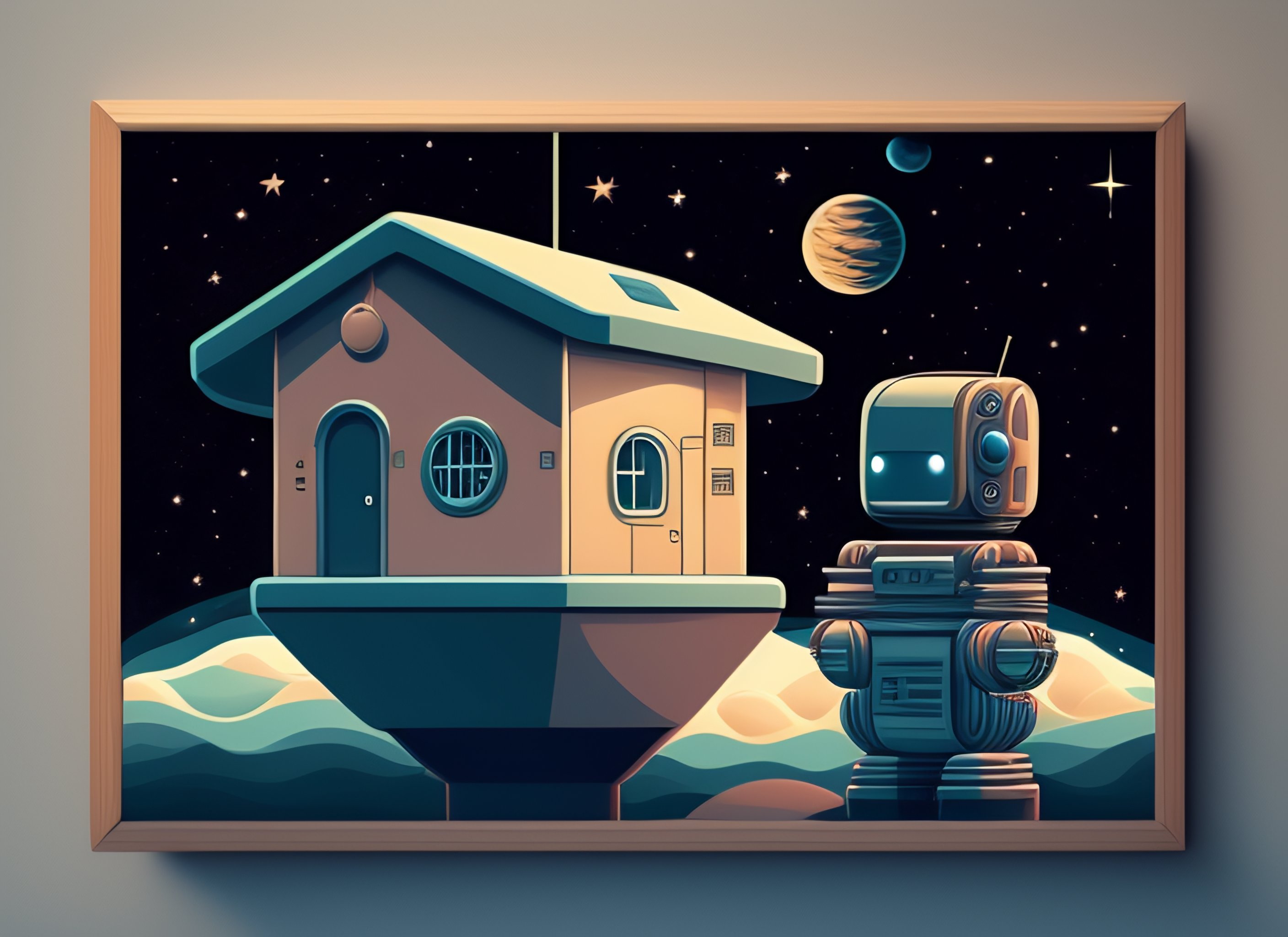 Lexica - Robot holding a house with its robotic arm in space, thinking ...