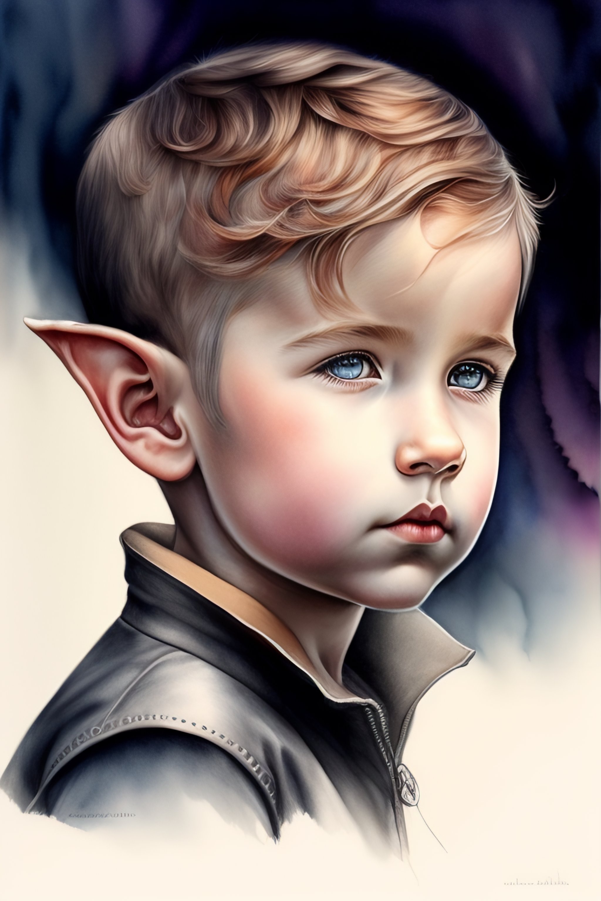 Lexica - Pencil drawing 2ears toddle boy black berry elf, water color ...