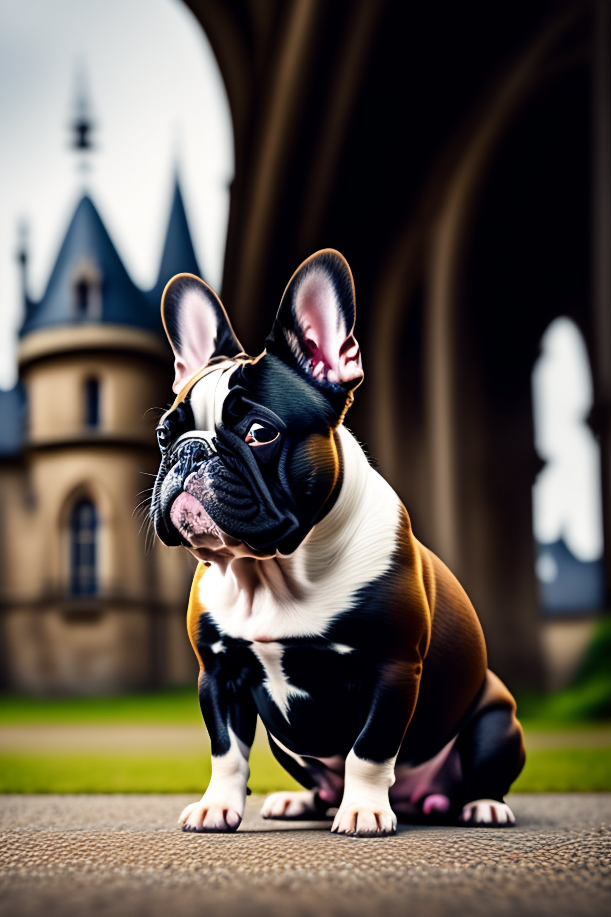 Lexica - French bulldog holding gun in front of a castle