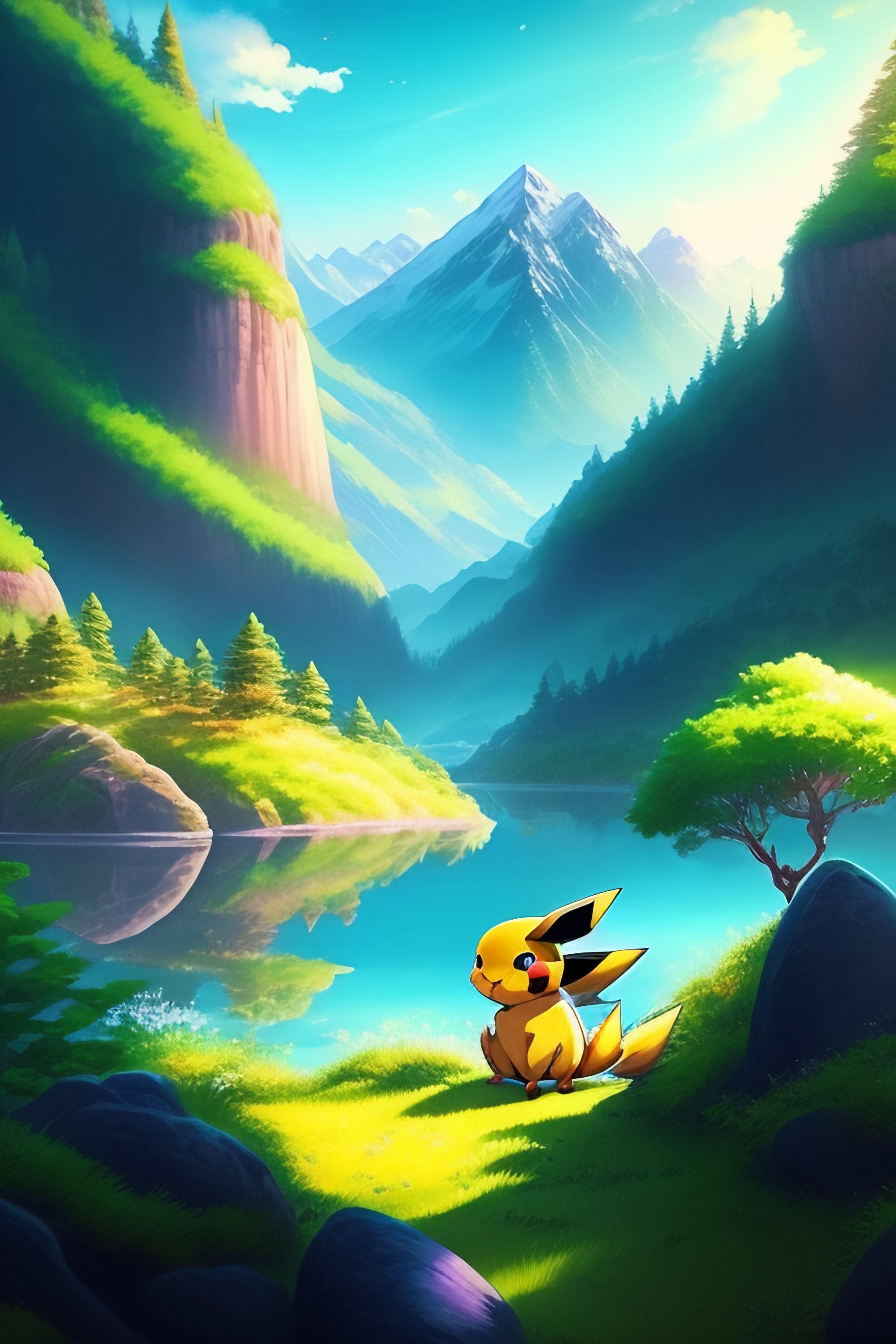 Lexica - Anime pikachu in a greenery scene with lush mountains