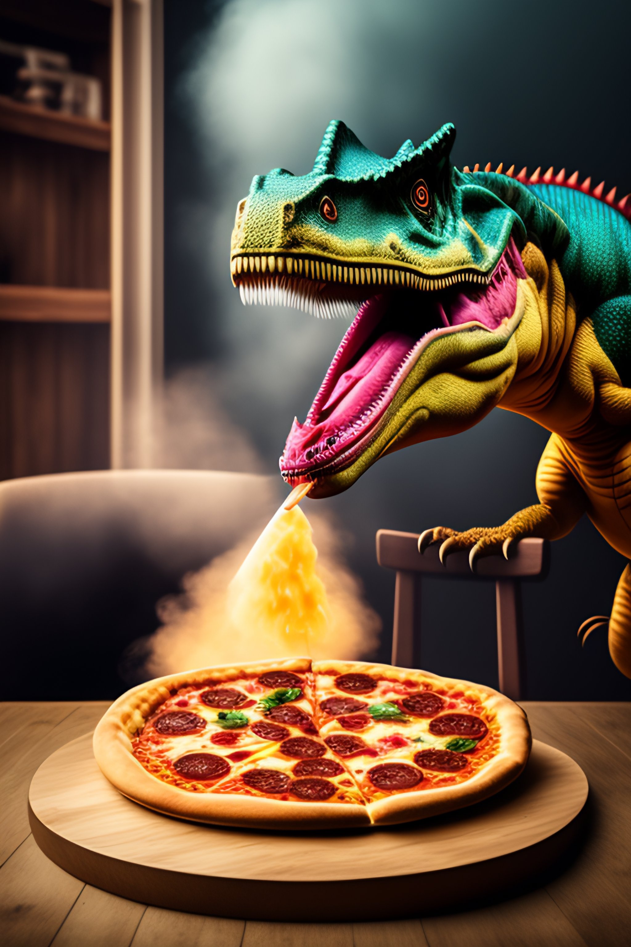 Lexica - Dinosaur eating pizza