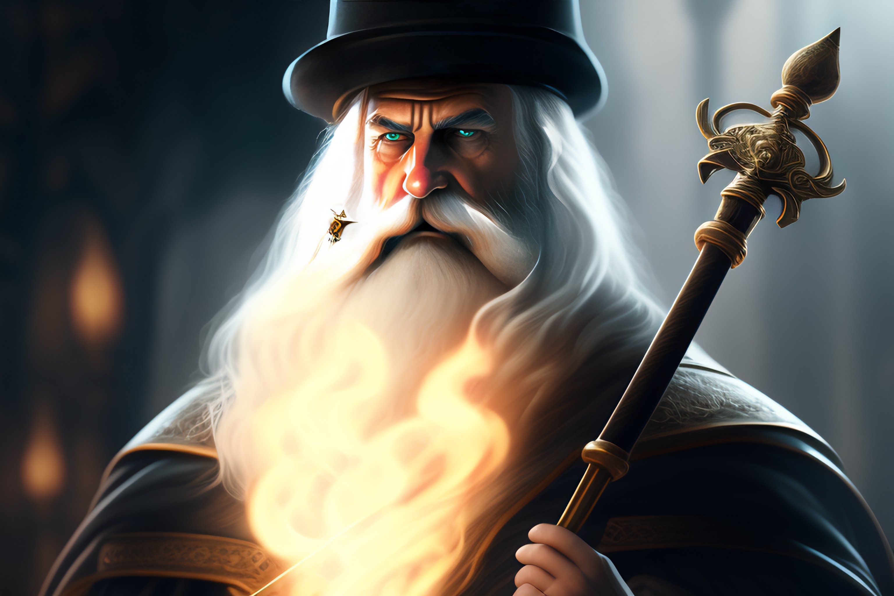 Lexica - One Greek wizard in dark robe hold a staff that has a white ...