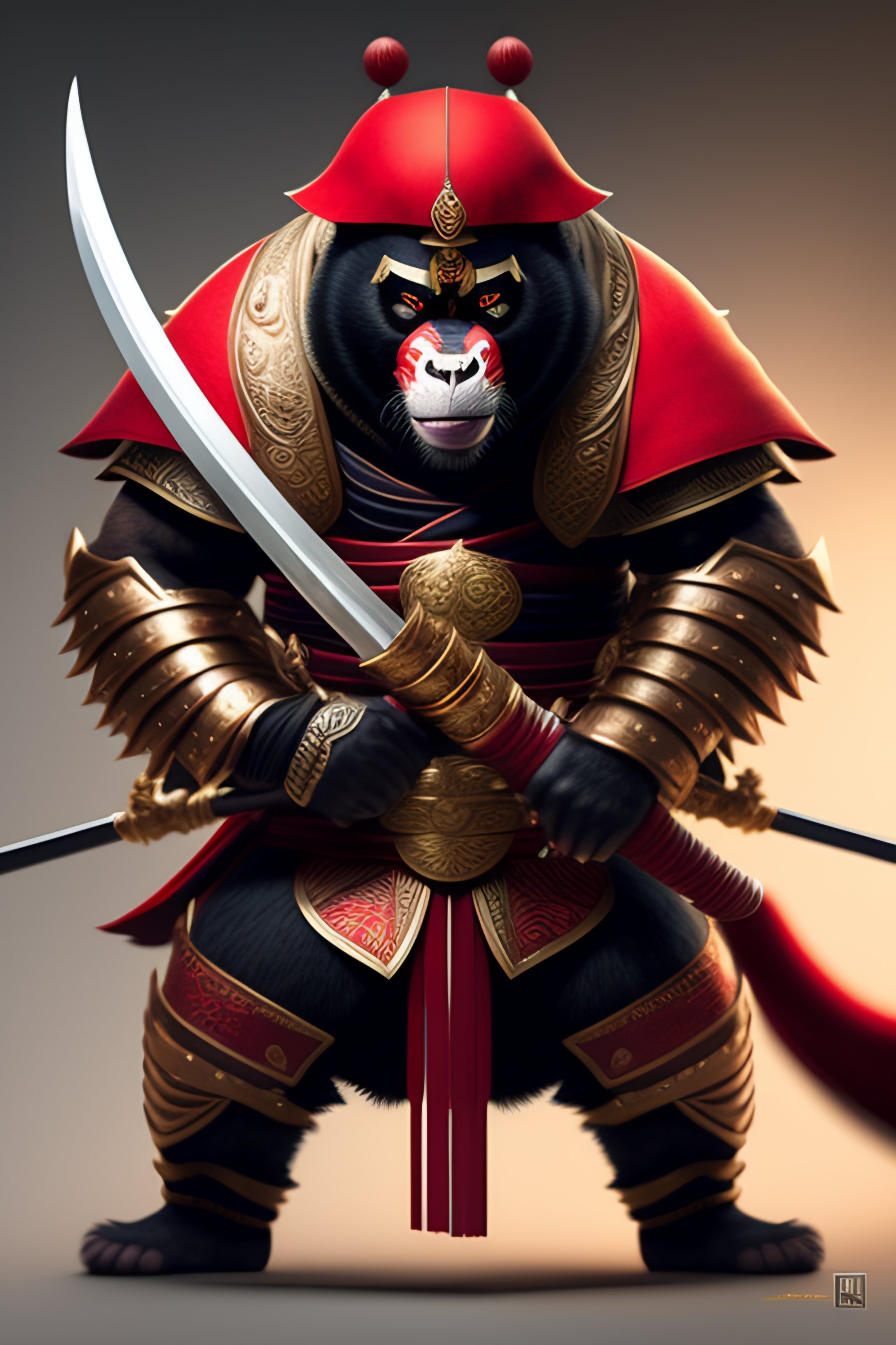 Lexica - Award-winning photo of a Mandrill samurai, red eyes, holding ...