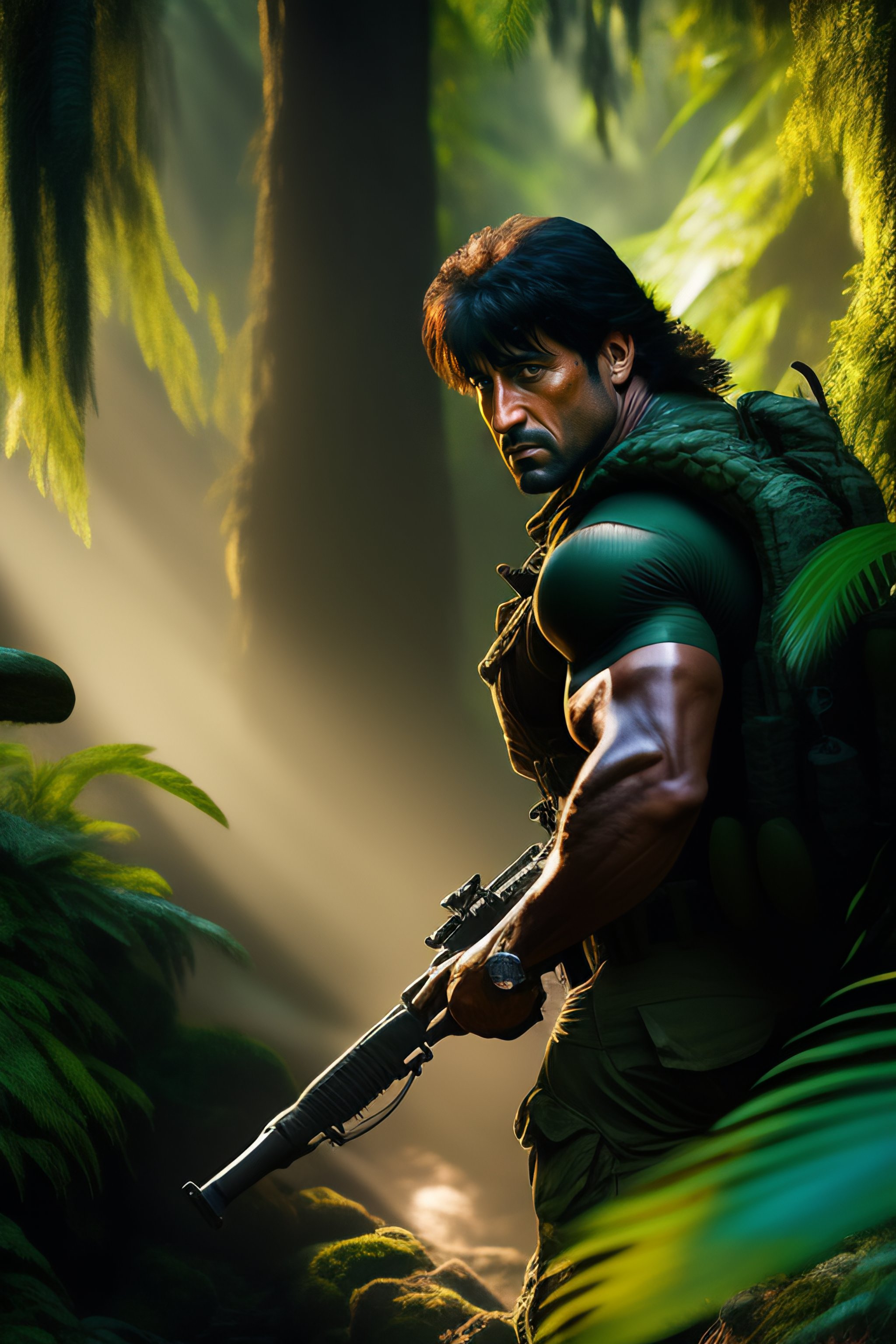 Lexica - Action shot of john rambo in a jungle, cinematic lighting ...