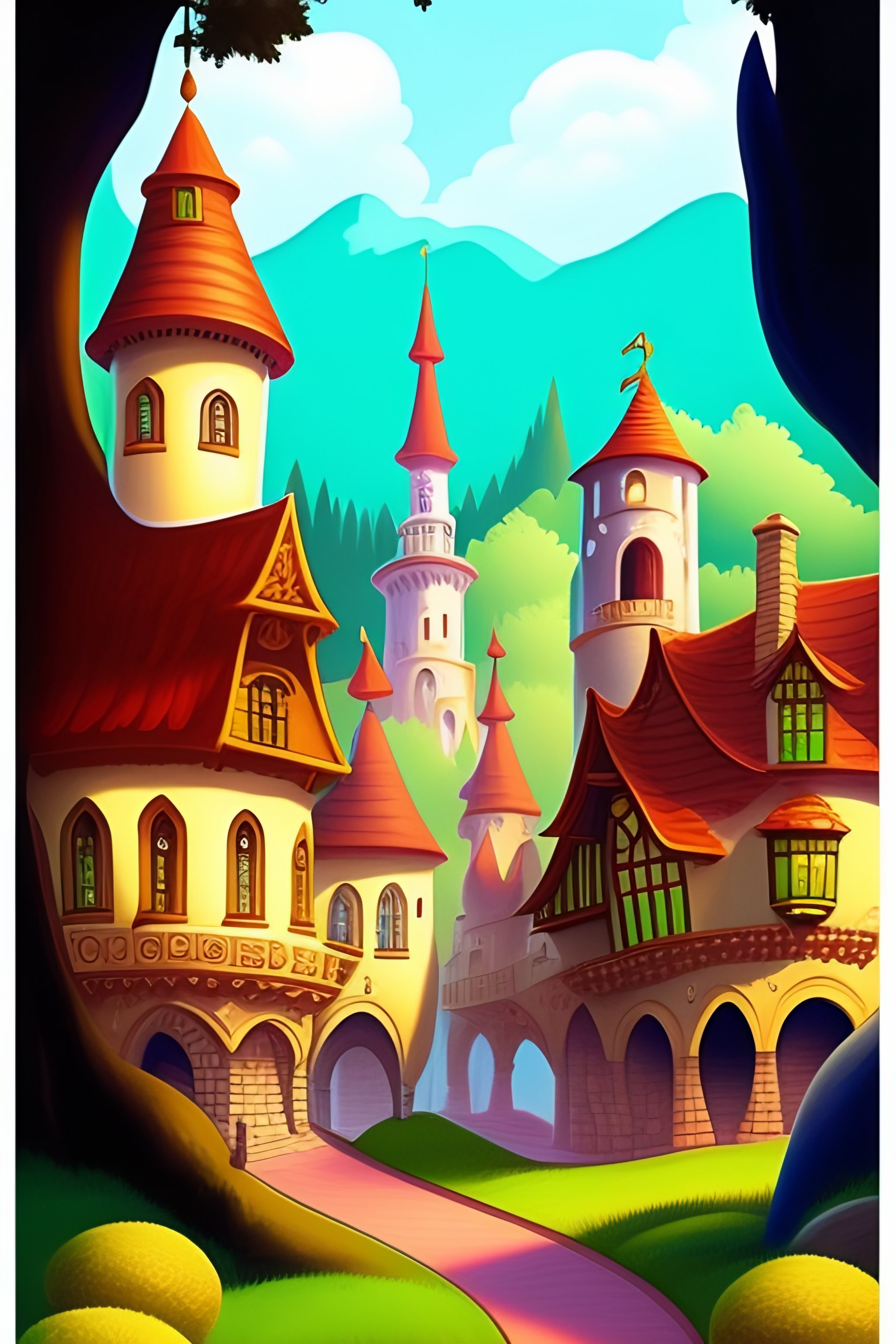 Lexica - Storybook cartoon fairytale town illustration,