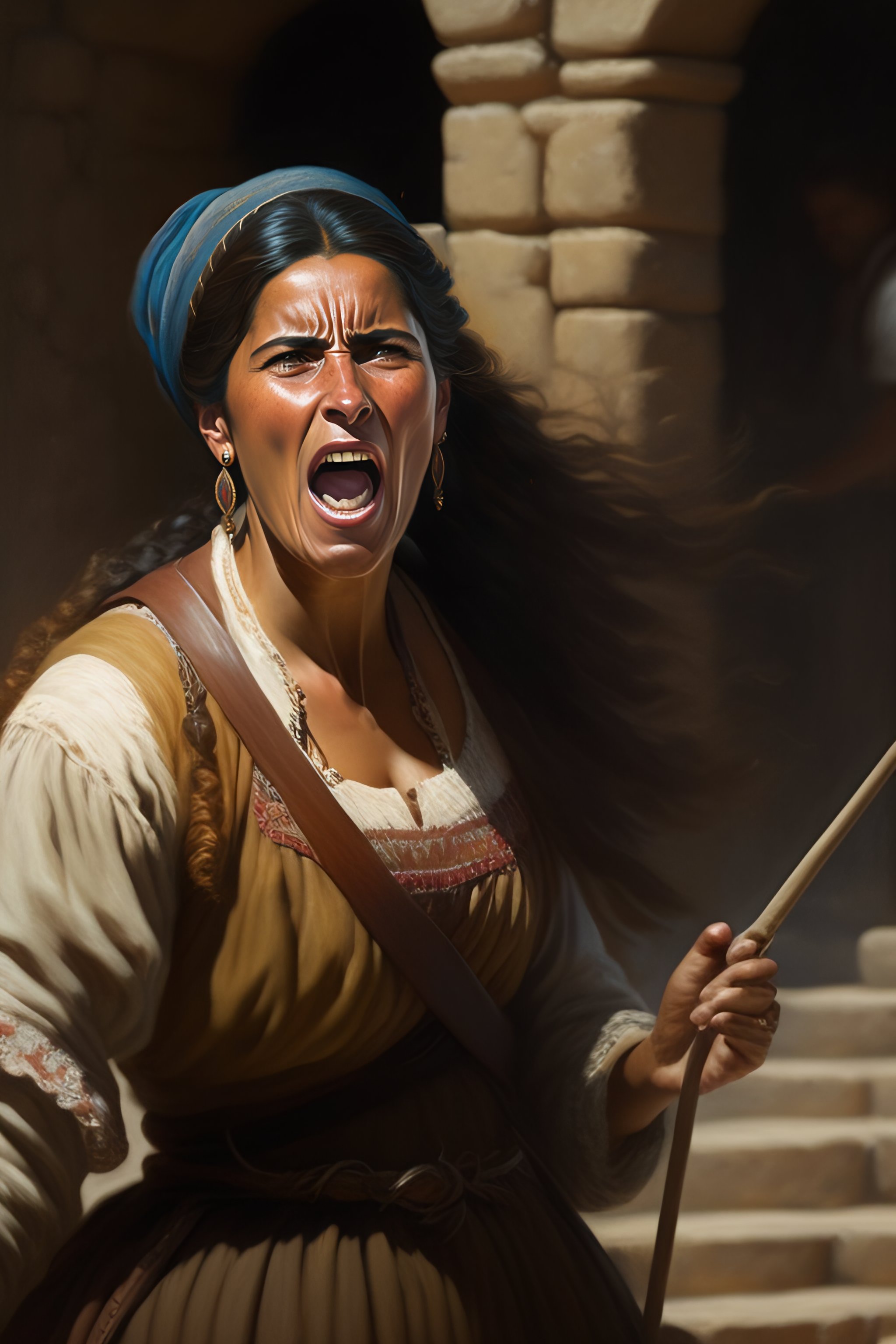 Lexica - Portrait of a spanish peasant woman shouting, with a bayoneted ...
