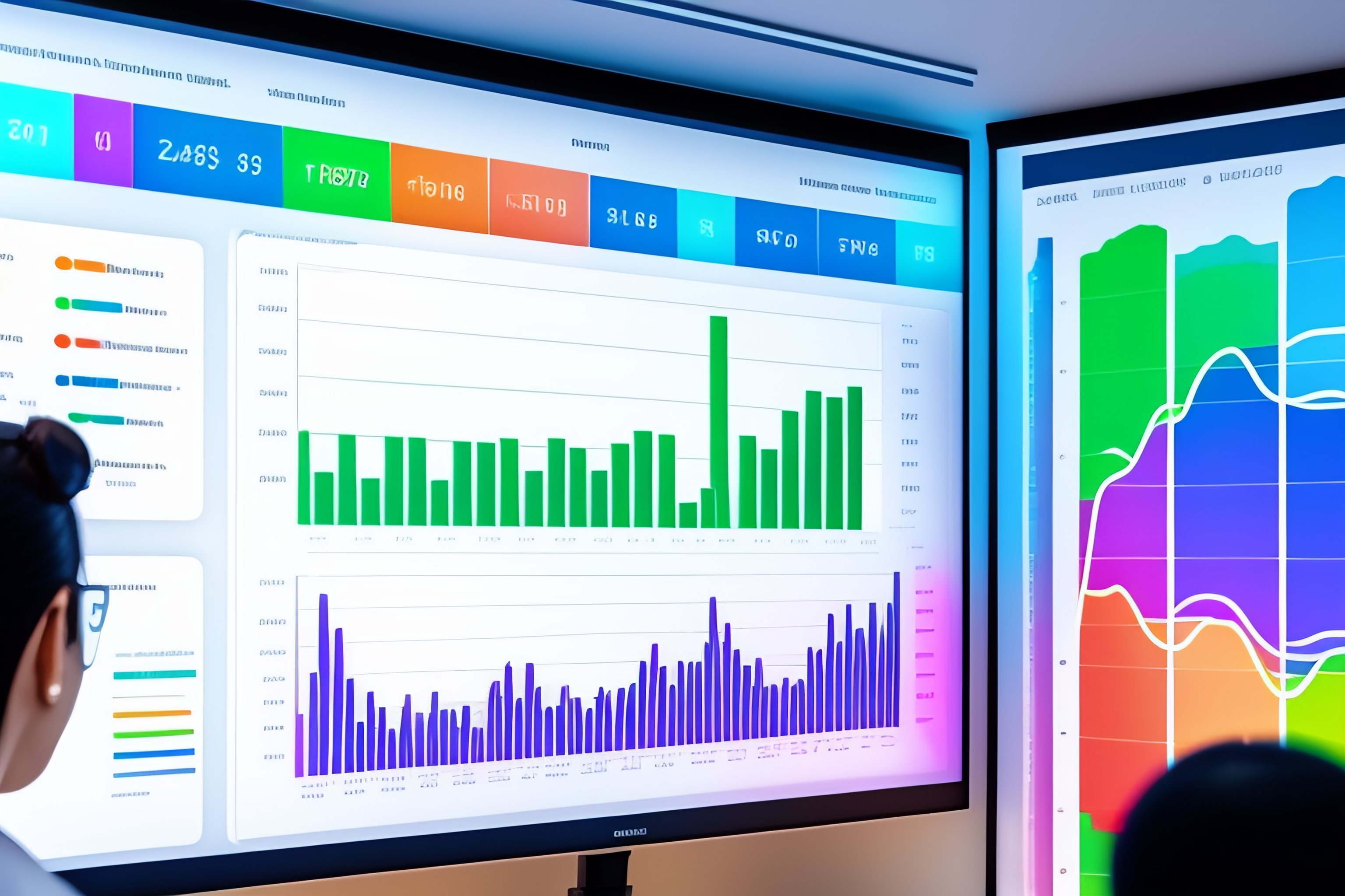 Lexica - Two scientists looking at a data dashboard with multiple meters, graphs and charts in a ...