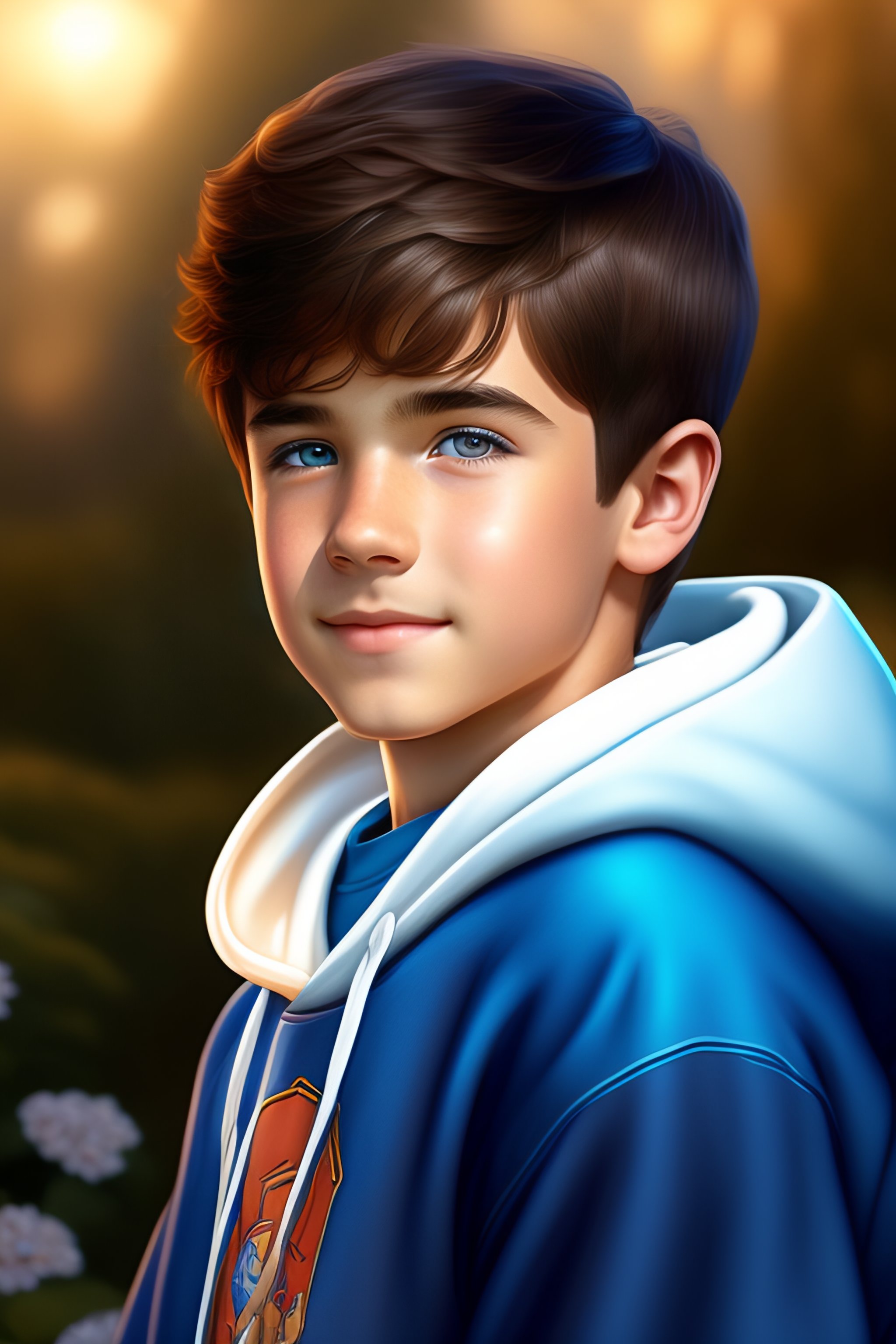Lexica - Young boy with short brown hair and big blue eyes, wearing ...
