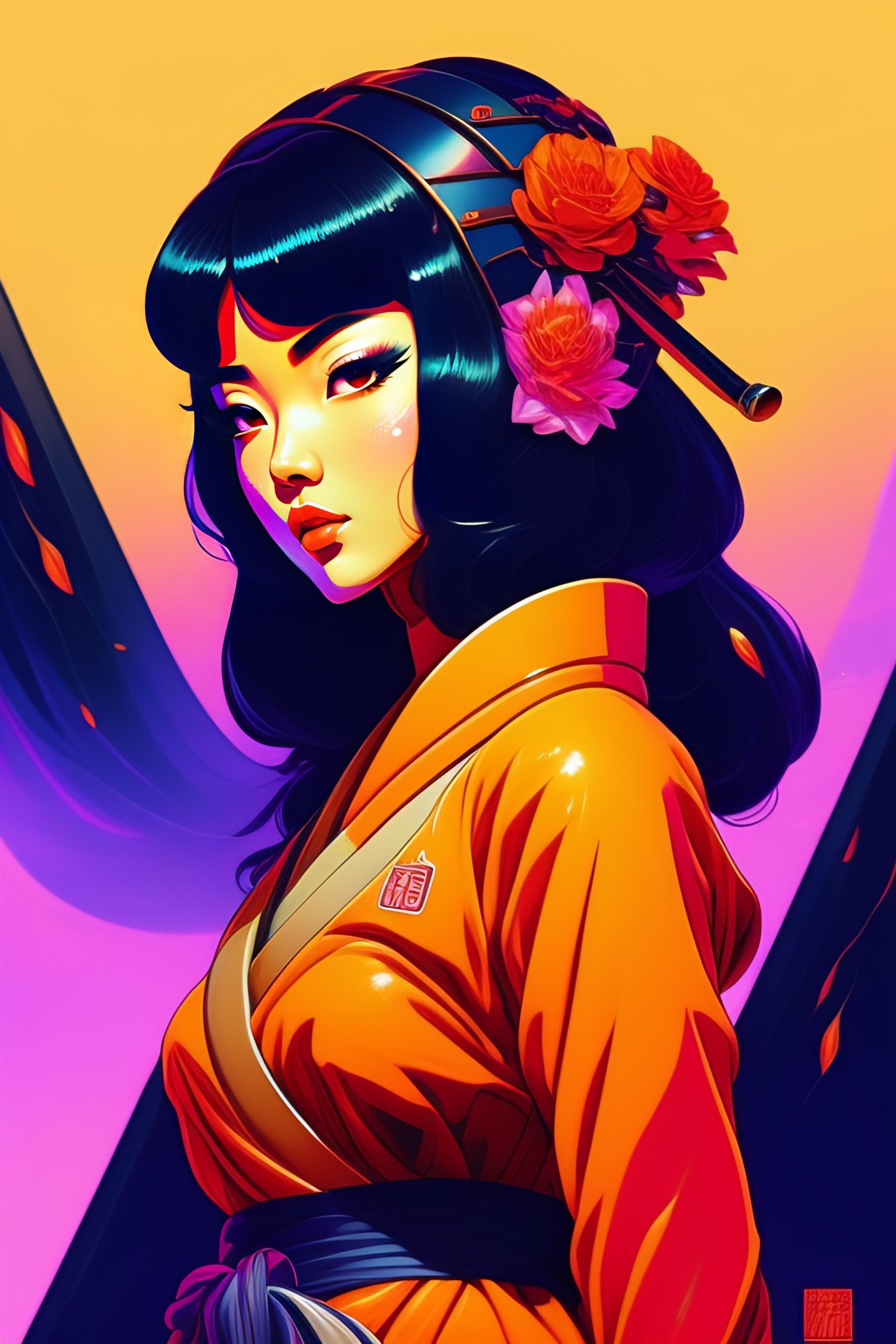 Lexica - Geisha holding a katana with a psychedelic backgroun, style of ...