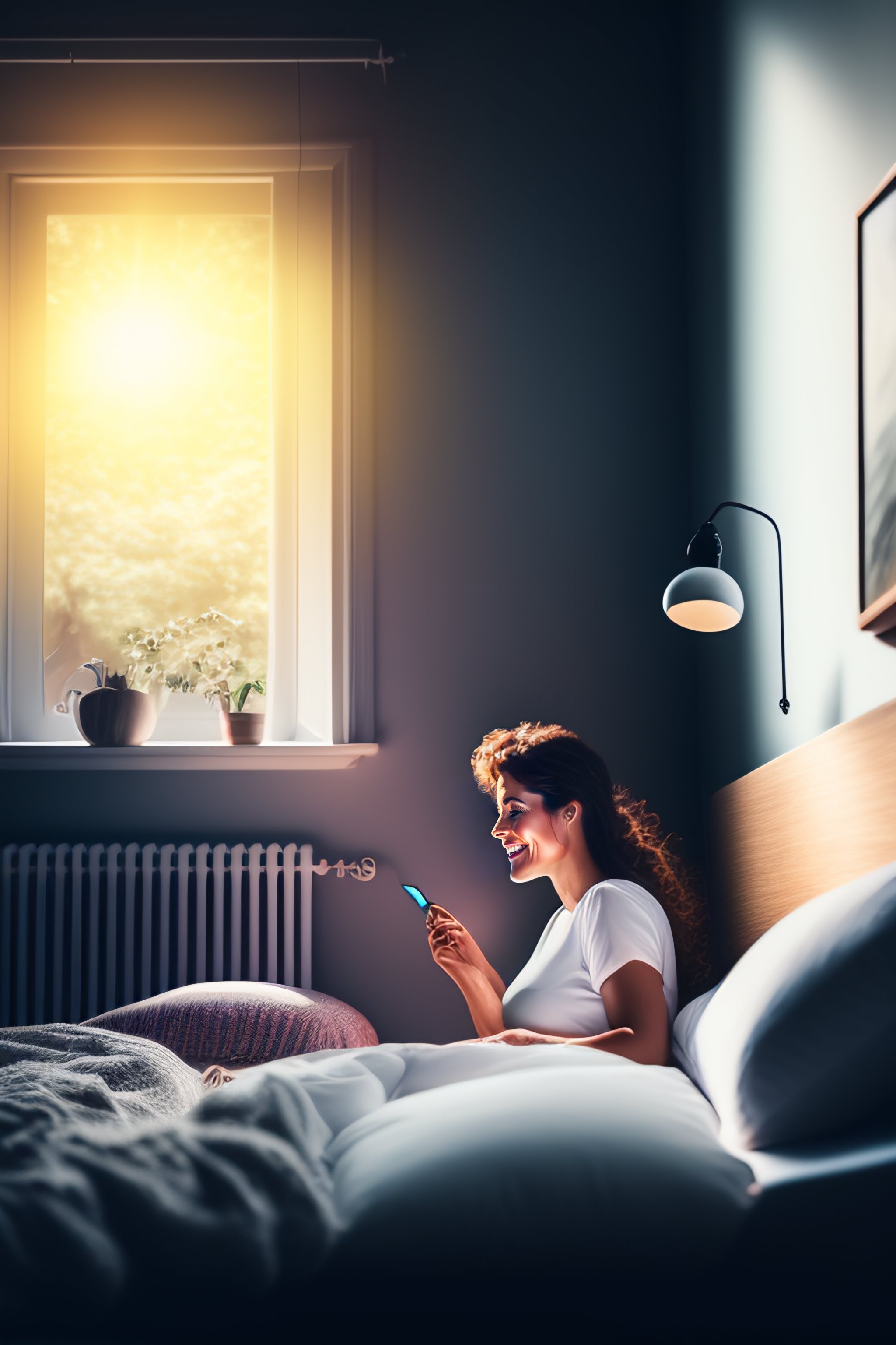 Lexica - Woman waking up in the morning with a good mood. Sun shining ...