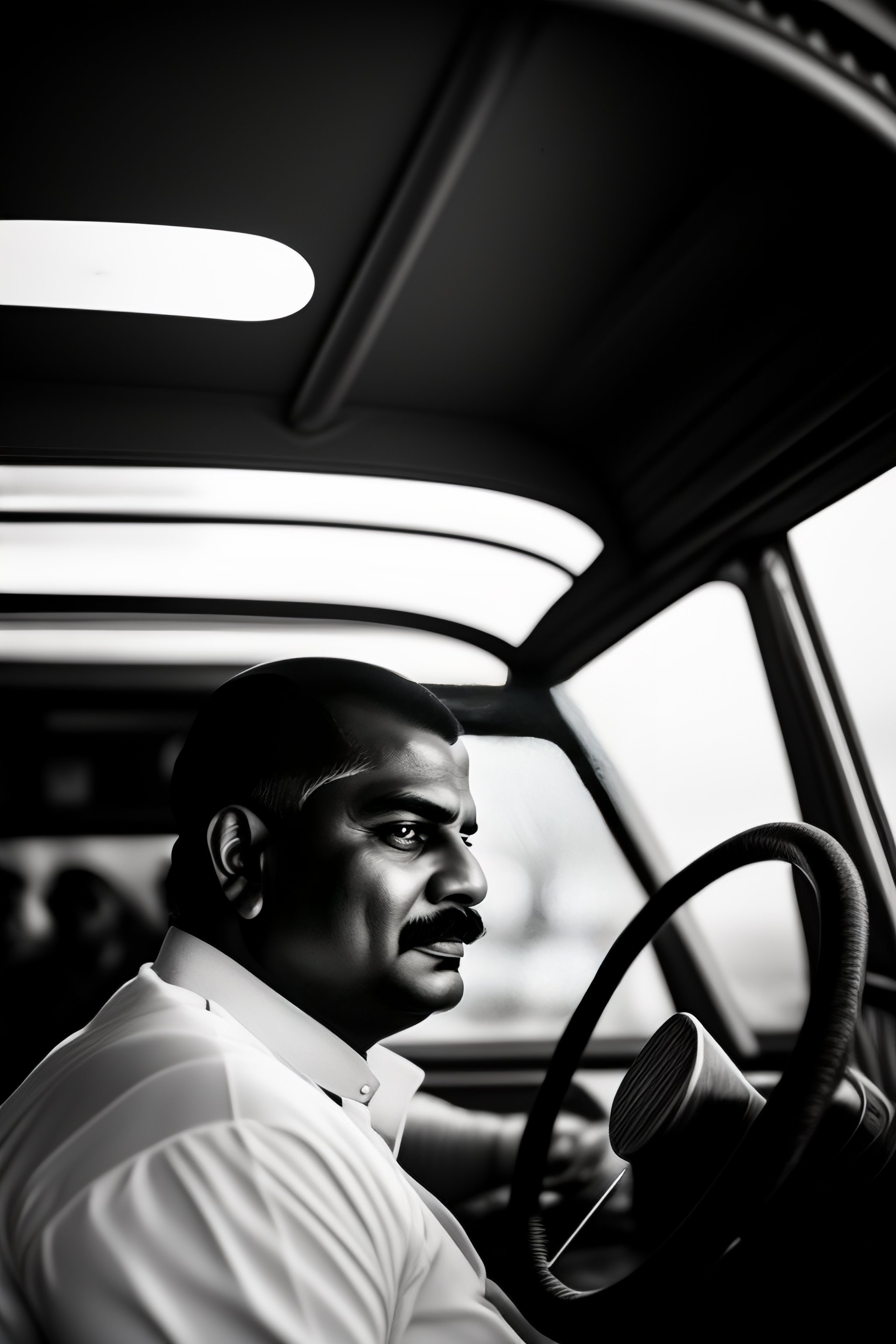 Lexica - The image shows a short, bald, stocky Pakistani man driving an ...