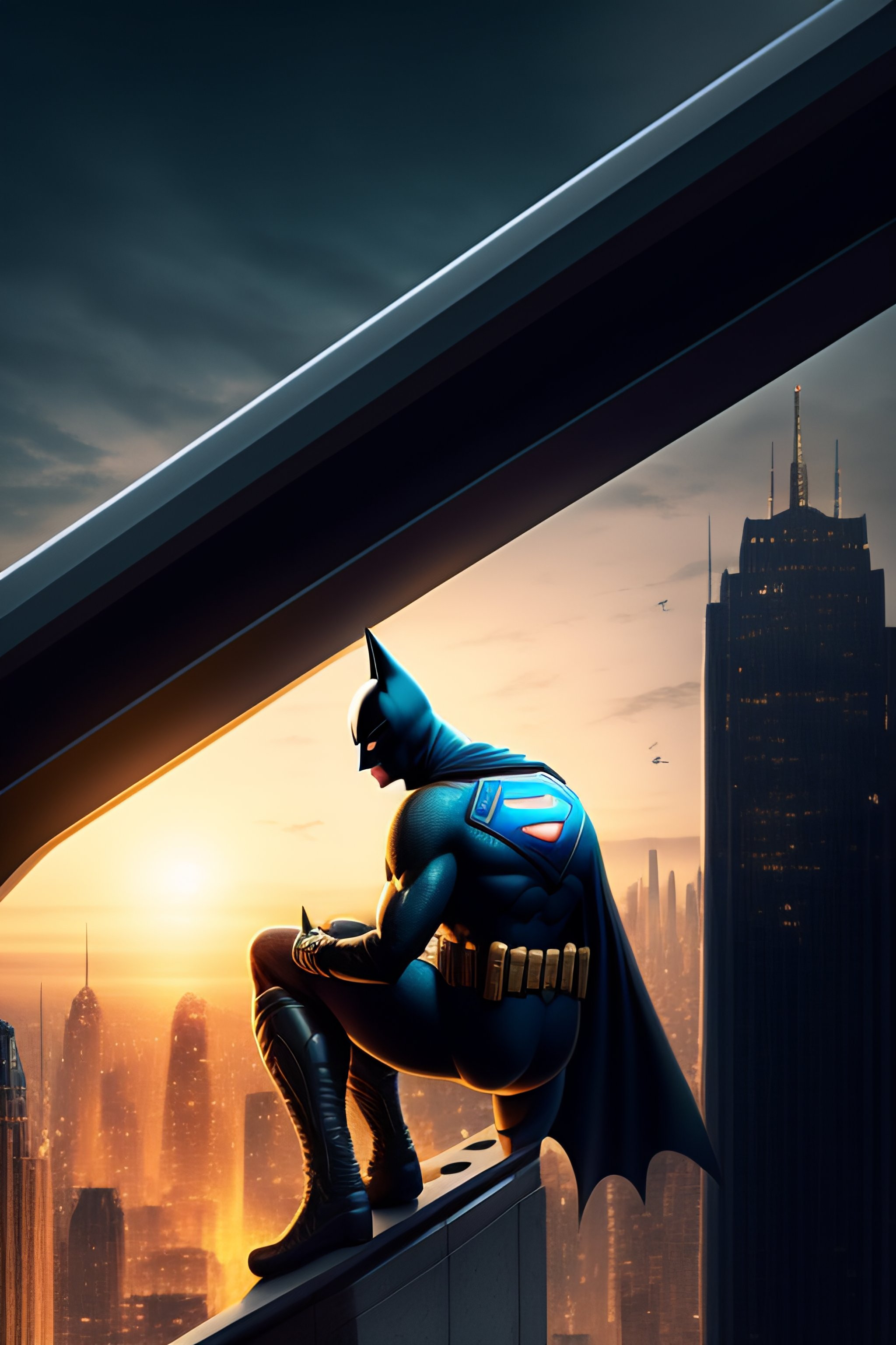 Lexica - Batman sitting on a roof looking down at a city below, wearing ...