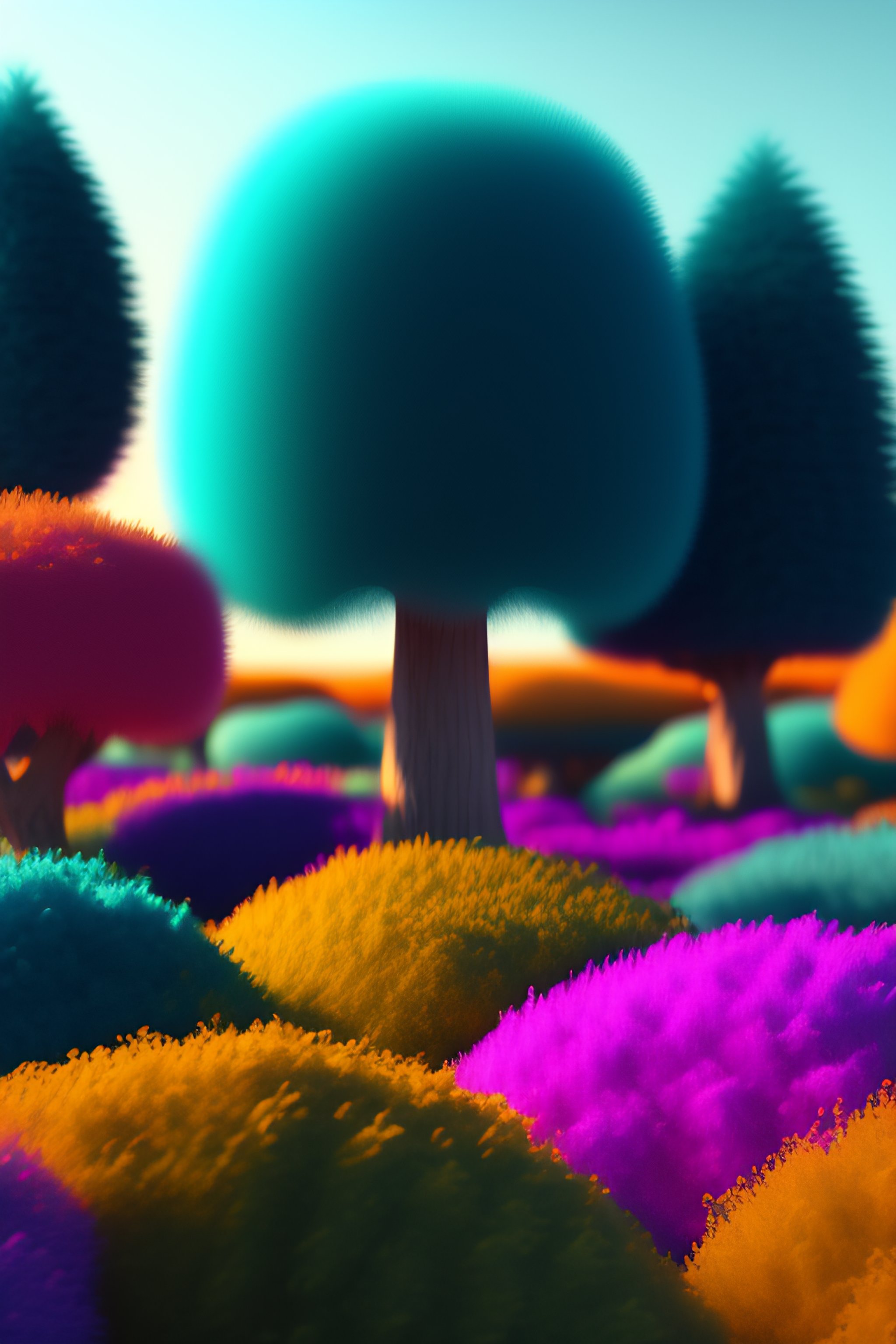 Lexica - Colorful fluffy trees made of fur in a field, Cinema4D render ...