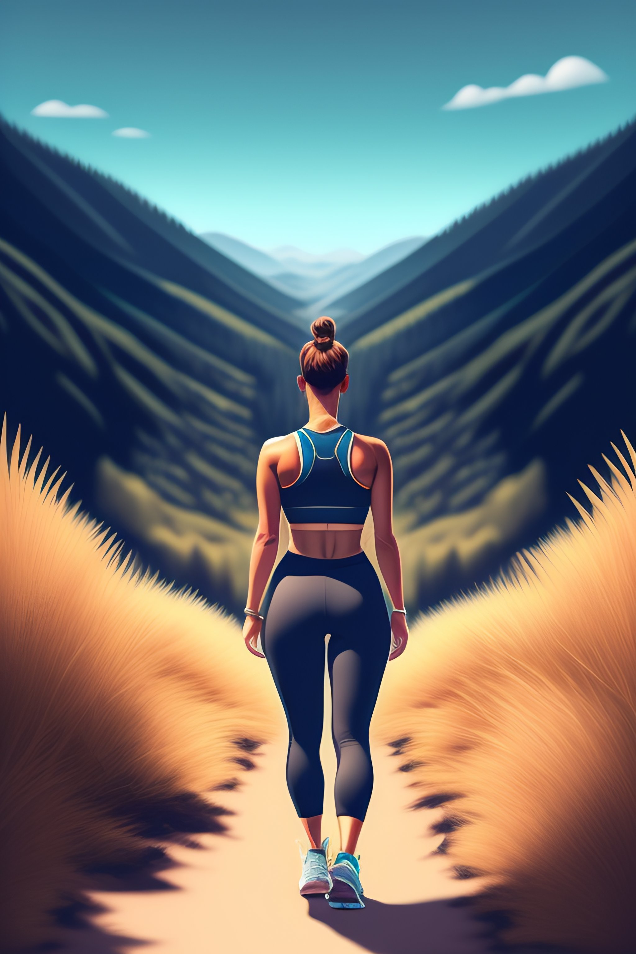 Lexica - A girl on a hike, fitness outfit, top down perspective, medium ...